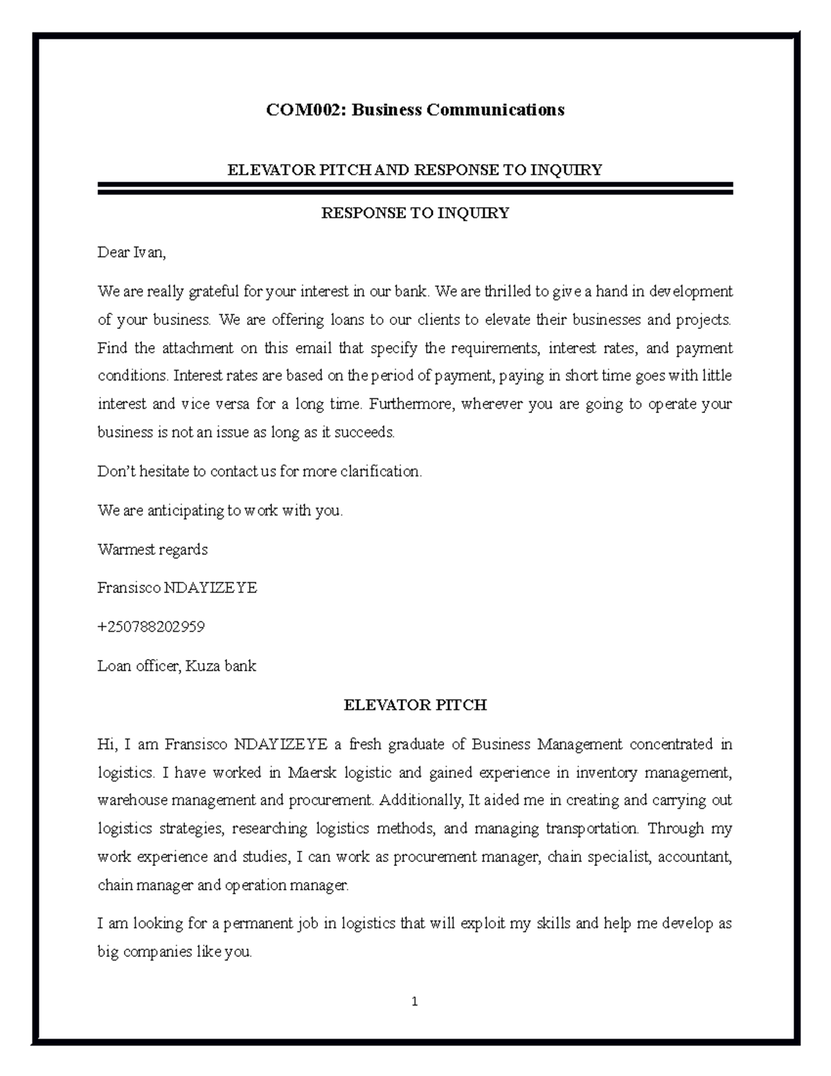 Response to Inquiry - COM002: Business Communications ELEVATOR PITCH ...