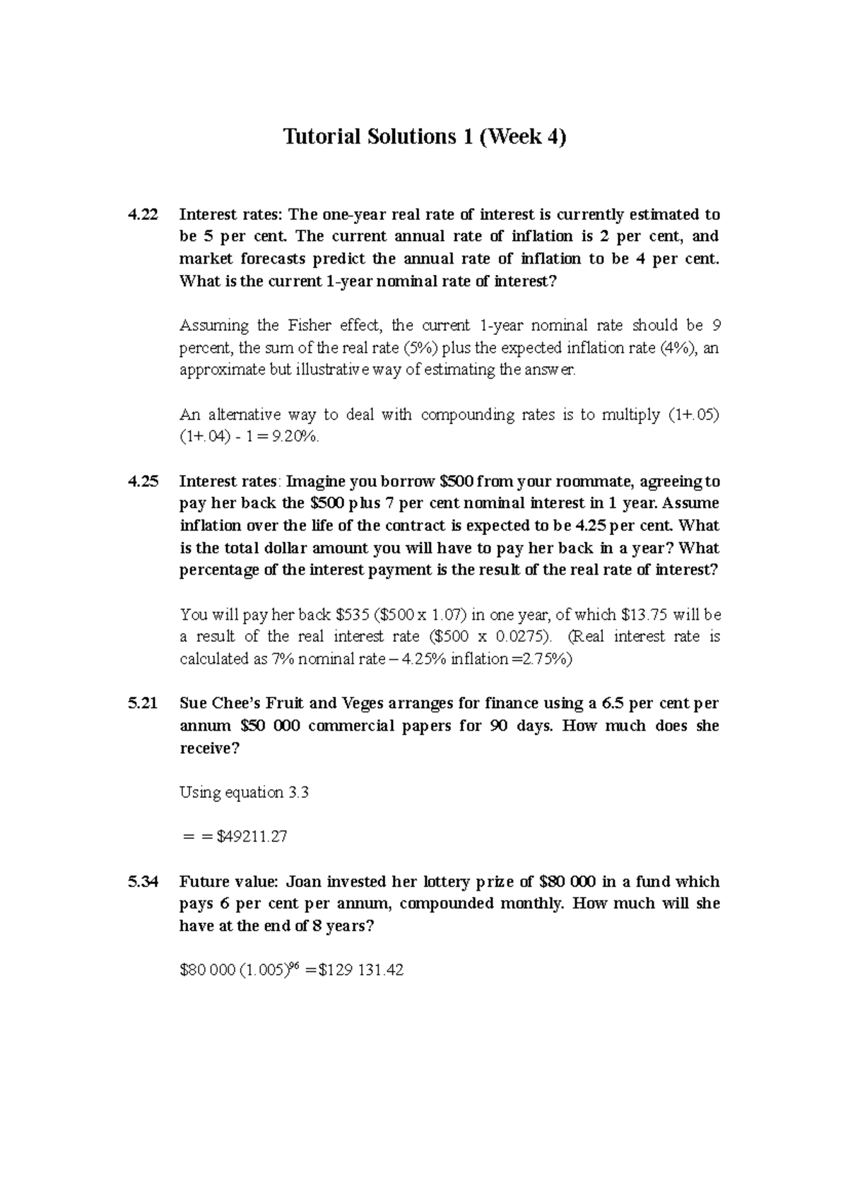 Tutorial Solutions 1 (week 4) - Financial Markets, Institutions and ...