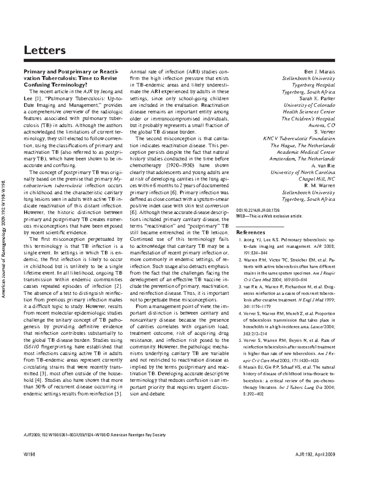 AJR - Notes - W198 AJR:192, April 2009 Letters AJR 2009; 192:W198 0361 ...