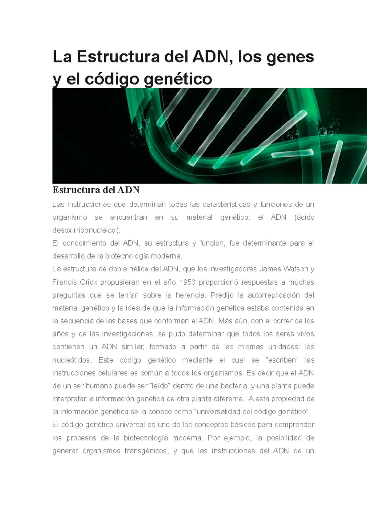 ADN. Estructura. Codigo Genetico - La Estructura del ADN, los genes y el código genético ...