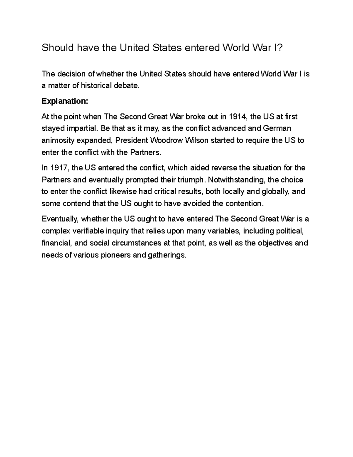 Writing Response #11 - Should have the United States entered World War ...