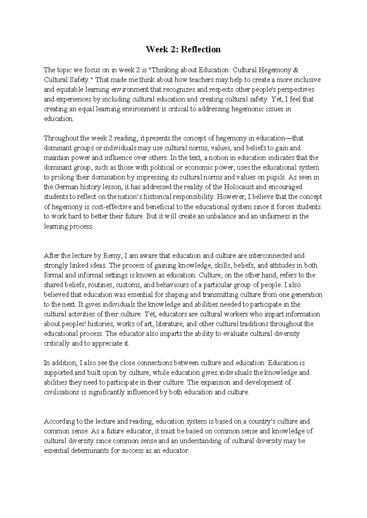 EDUF 1020 - Assessment Task 1 Reflection - Week 2: Reflection The topic we focus on in week 2 is ...