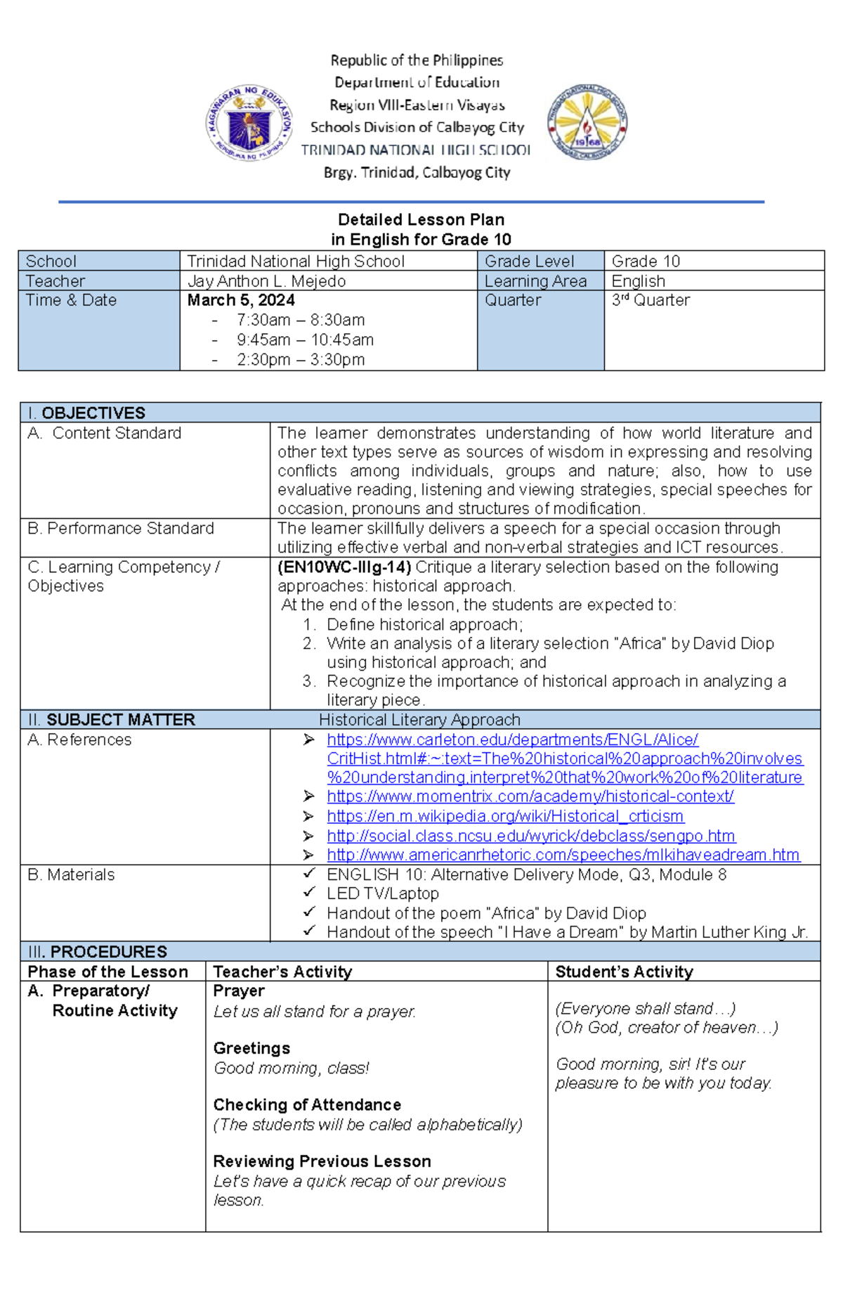 Q3-M4-L5 - LESSON PLAN - Detailed Lesson Plan in English for Grade 10 ...