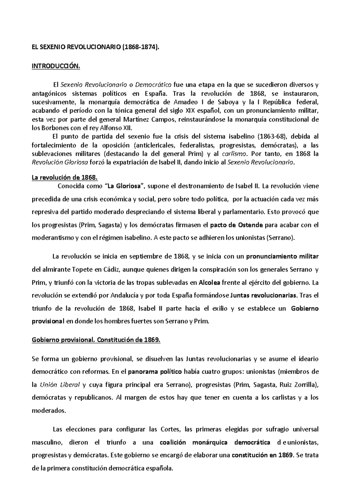 El Sexenio Revolucionario (1868-1874) - EL SEXENIO REVOLUCIONARIO (1868-1874). INTRODUCCIÓN. El ...