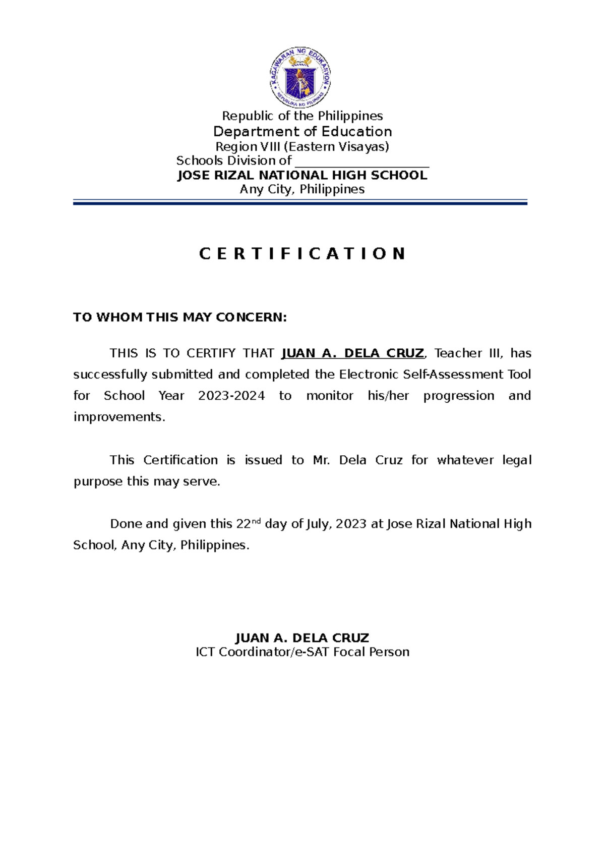Editable ICT Certification for e-SAT - Republic of the Philippines ...