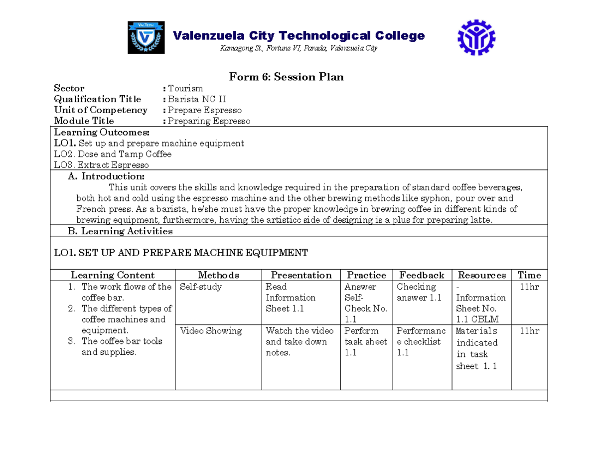 Barista Session Plan - Kamagong St., Fortune VI, Parada, Valenzuela City Form 6: Session Plan ...