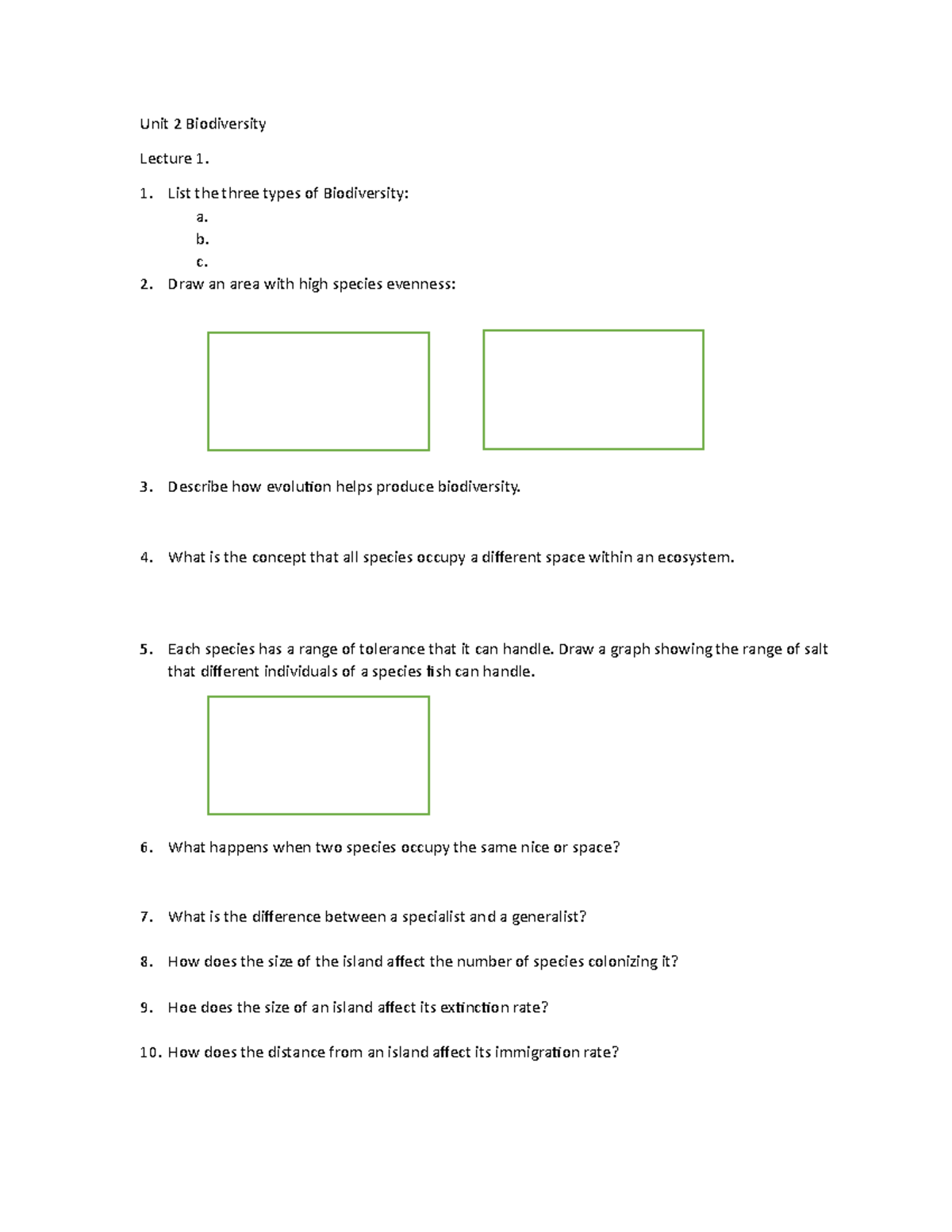 Biodiveristy lecture notes 1 - Unit 2 Biodiversity Lecture 1. List the ...
