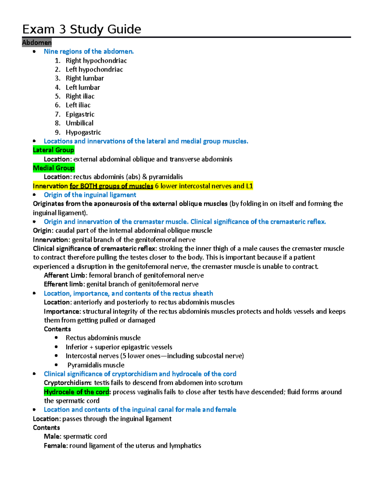 Anatomy B3 SG - Dr. Tina Dow - Exam 3 Study Guide Abdomen Nine regions ...