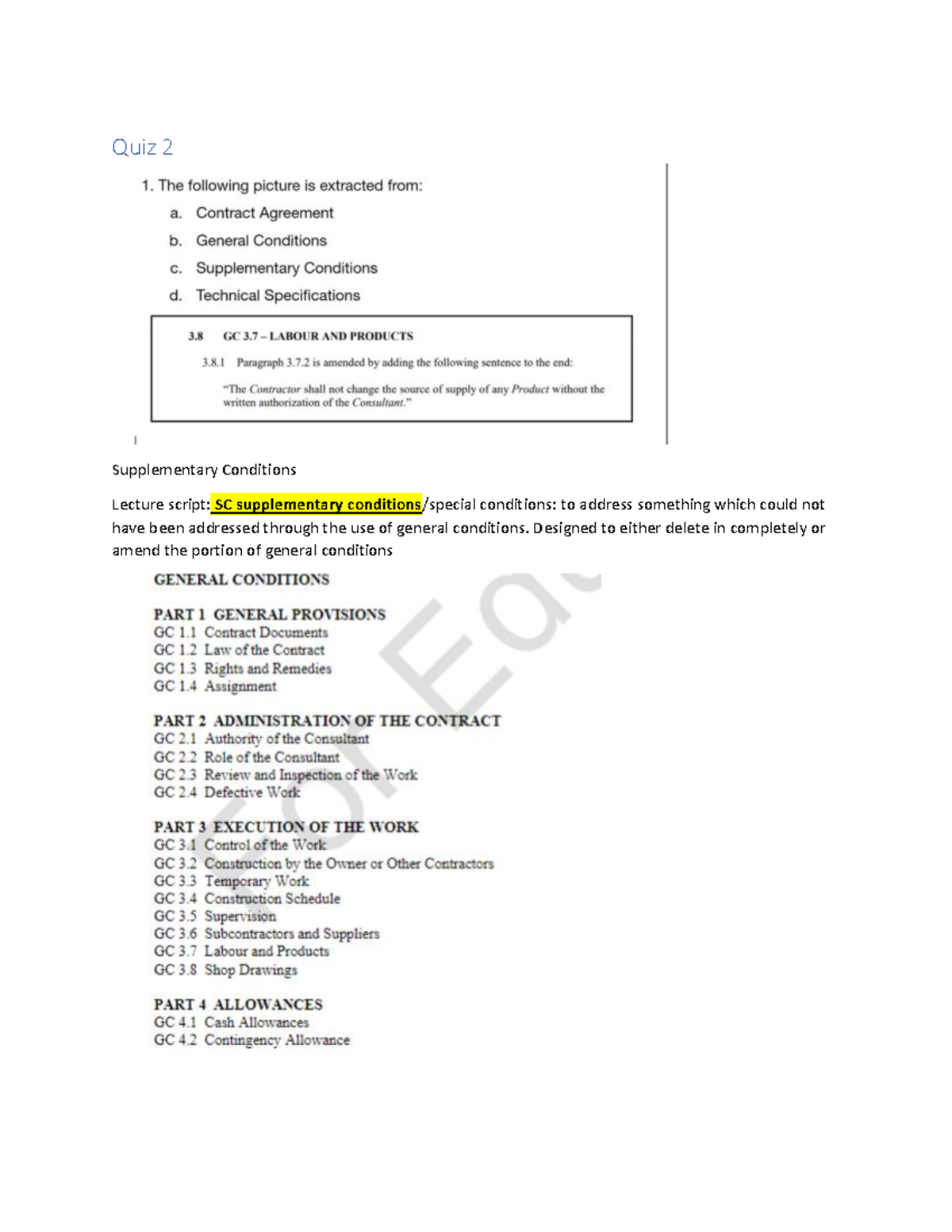 CIV1279H- Construction Contract Quiz 2 Material - Quiz 2 Supplementary ...