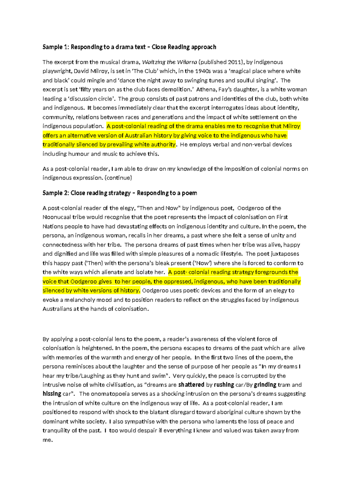 Sample close reading sample Waltzing the Wilarra and Then and Now Post ...