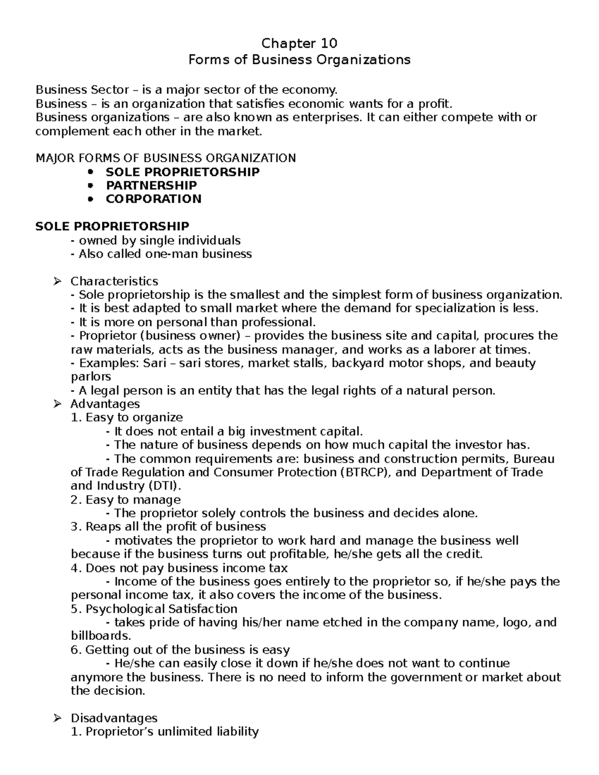Chapter 10 Forms of Business Organizations Lecture Notes Reviewer Grade ...