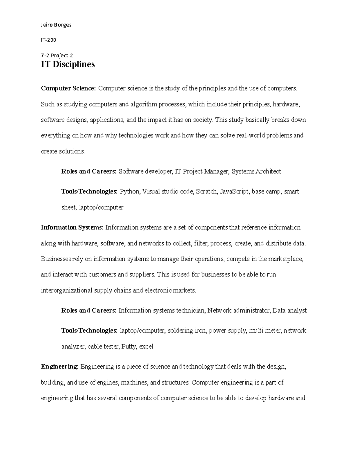 IT-200 7-2 project 2 - IT- 7-2 Project 2 IT Disciplines Computer ...