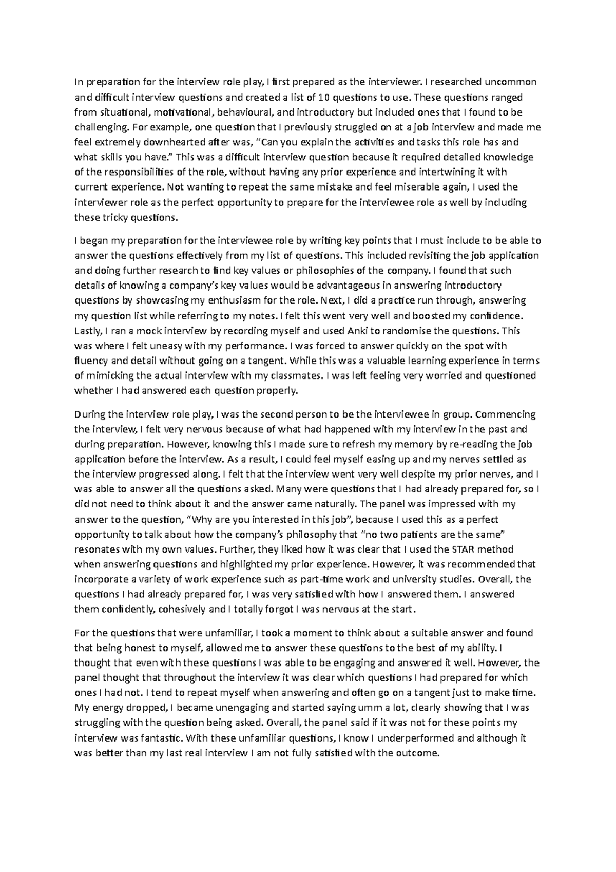 James Chang- Interview role play reflection - In preparation for the ...