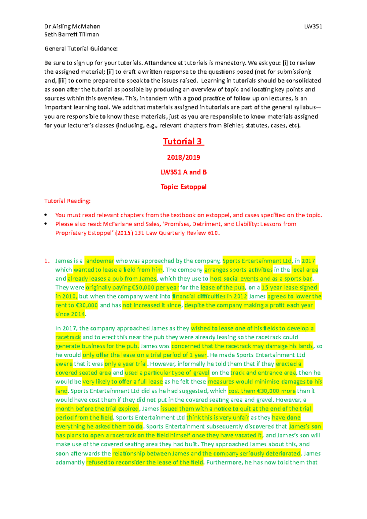 Tutorial 3 'Estoppel' - Dr Aisling McMahon LW Seth Barrett Tillman ...