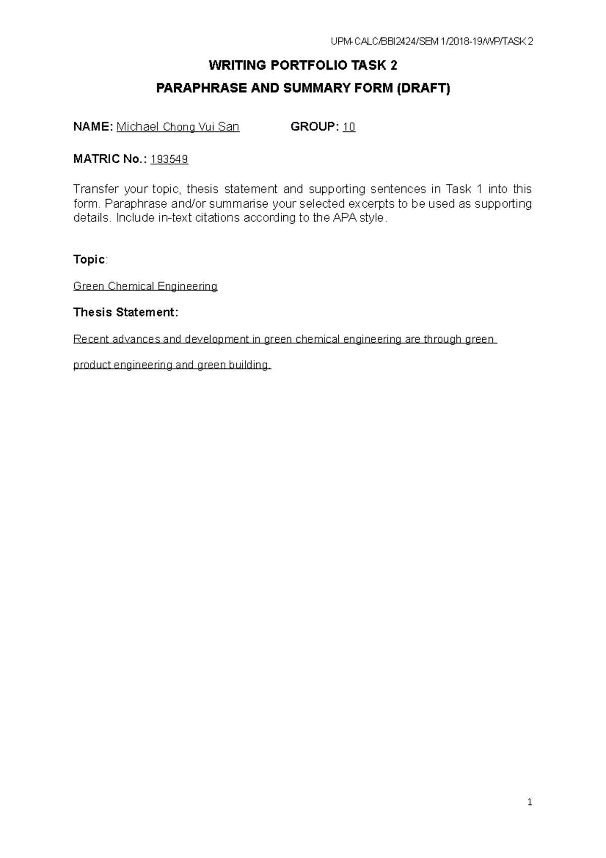 Writing Portfolio TASK 2 ( Paraphrase & Summary FORM - Draft) - WRITING PORTFOLIO TASK 2 ...