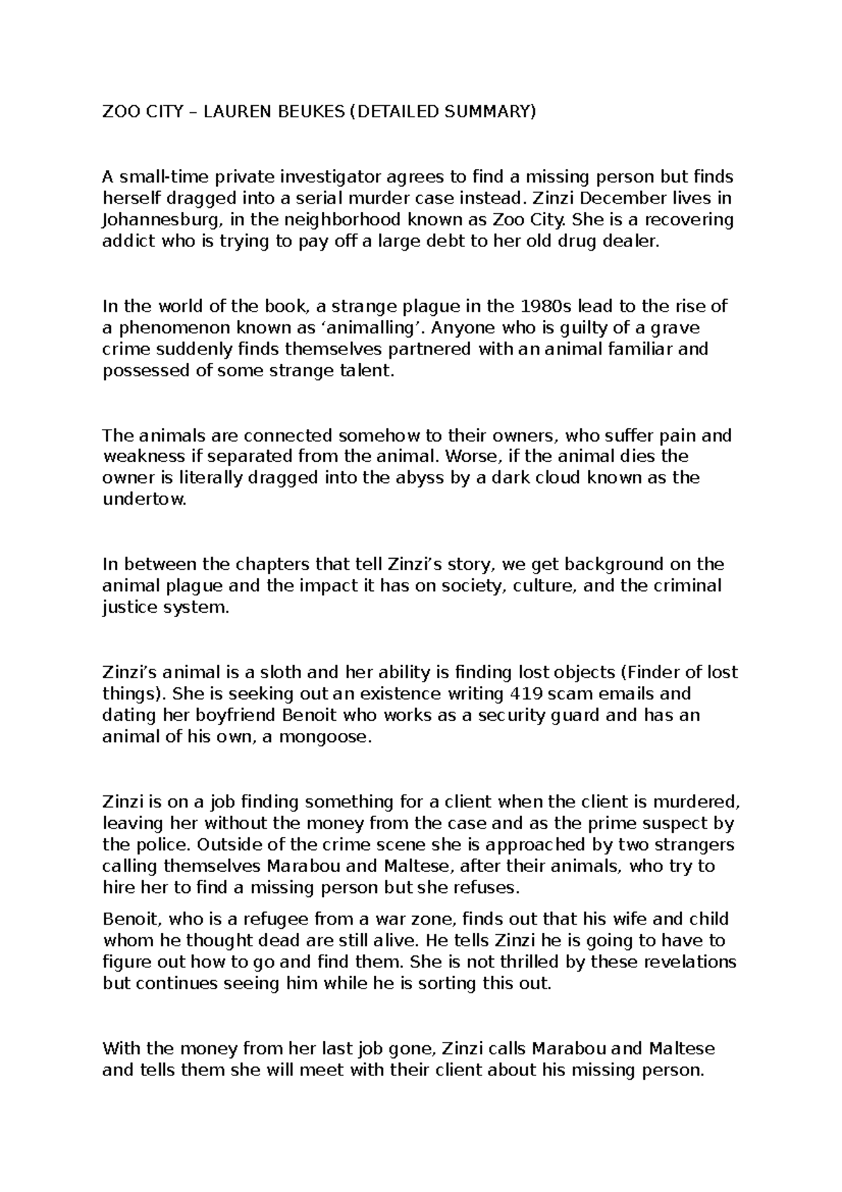 ZOO CITY Detailed Summary - ZOO CITY – LAUREN BEUKES (DETAILED SUMMARY ...