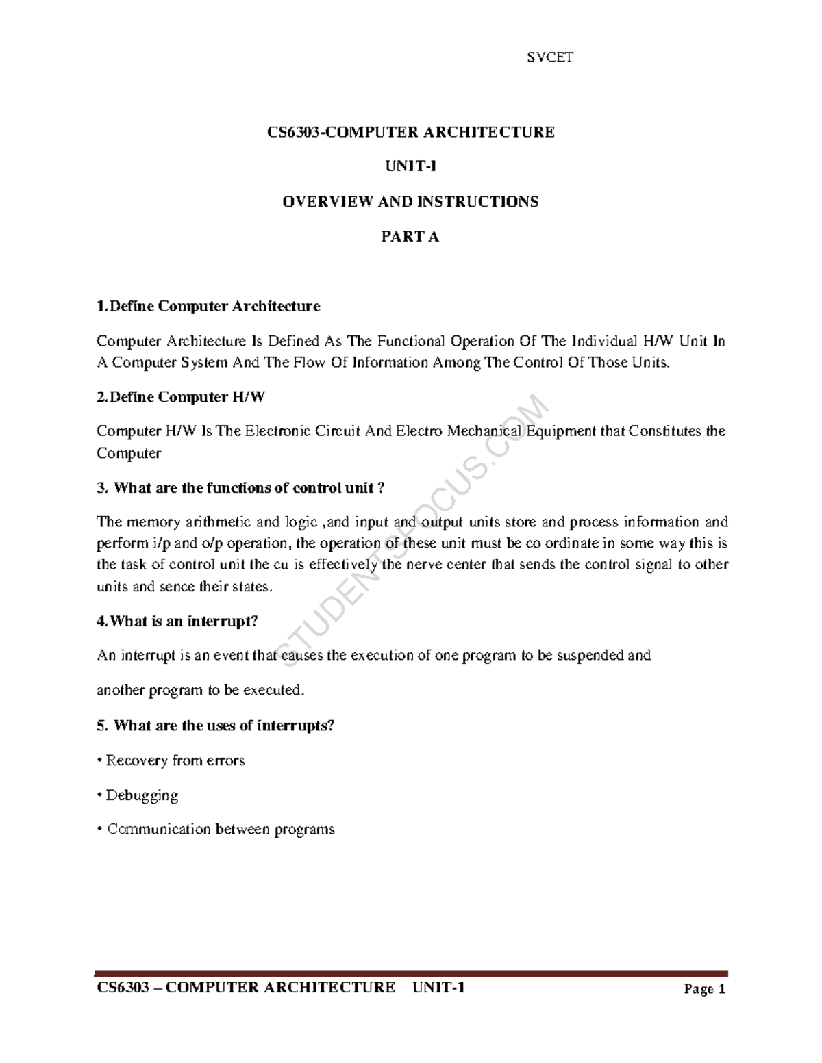 QB106611 - vvvvvvvvvvvvvvvv - STUDENTSFOCUS CS6303-COMPUTER ARCHITECTURE UNIT-I OVERVIEW AND ...