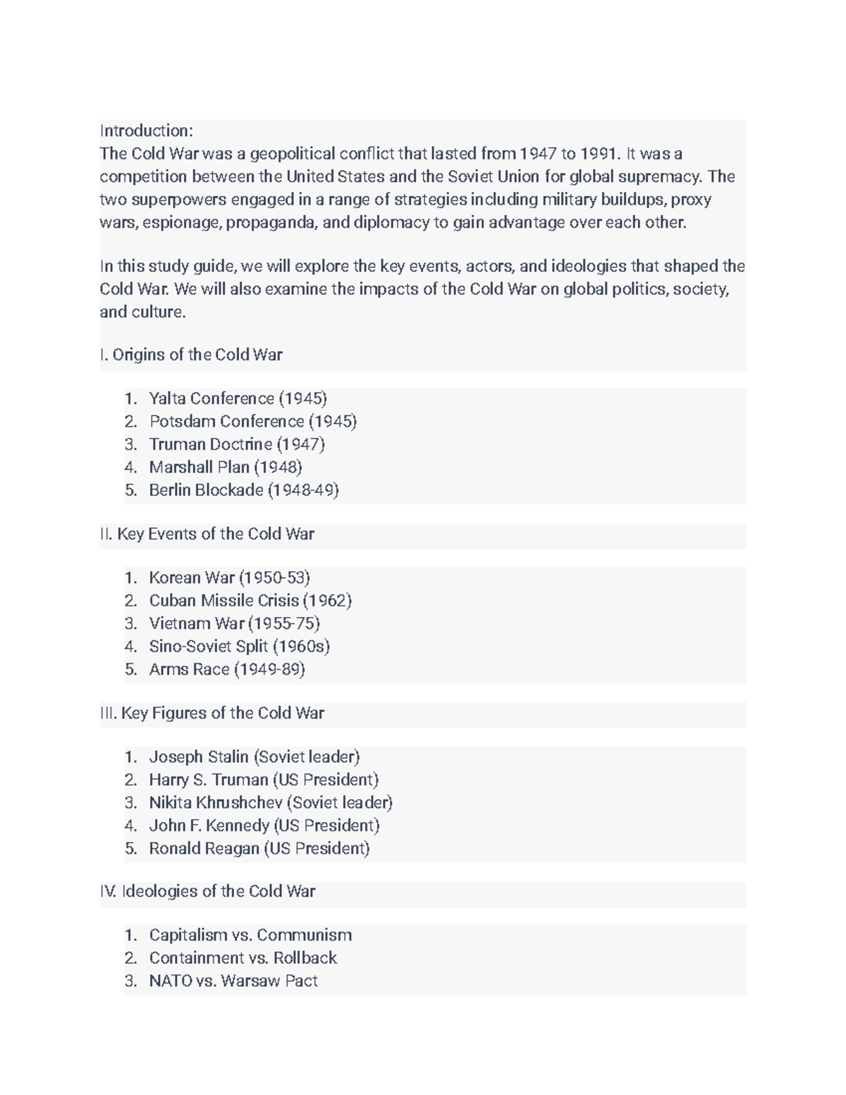 Study guide on the Cold War - Introduction: The Cold War was a ...