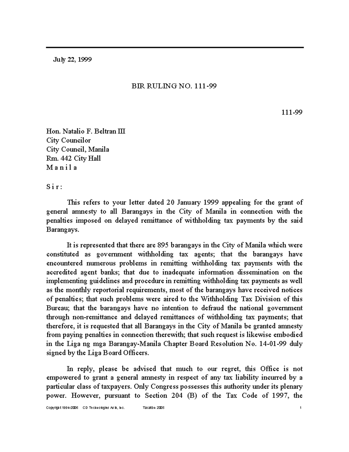 BIR Ruling 111-99 - Law book materials and documents - book - Copyright ...