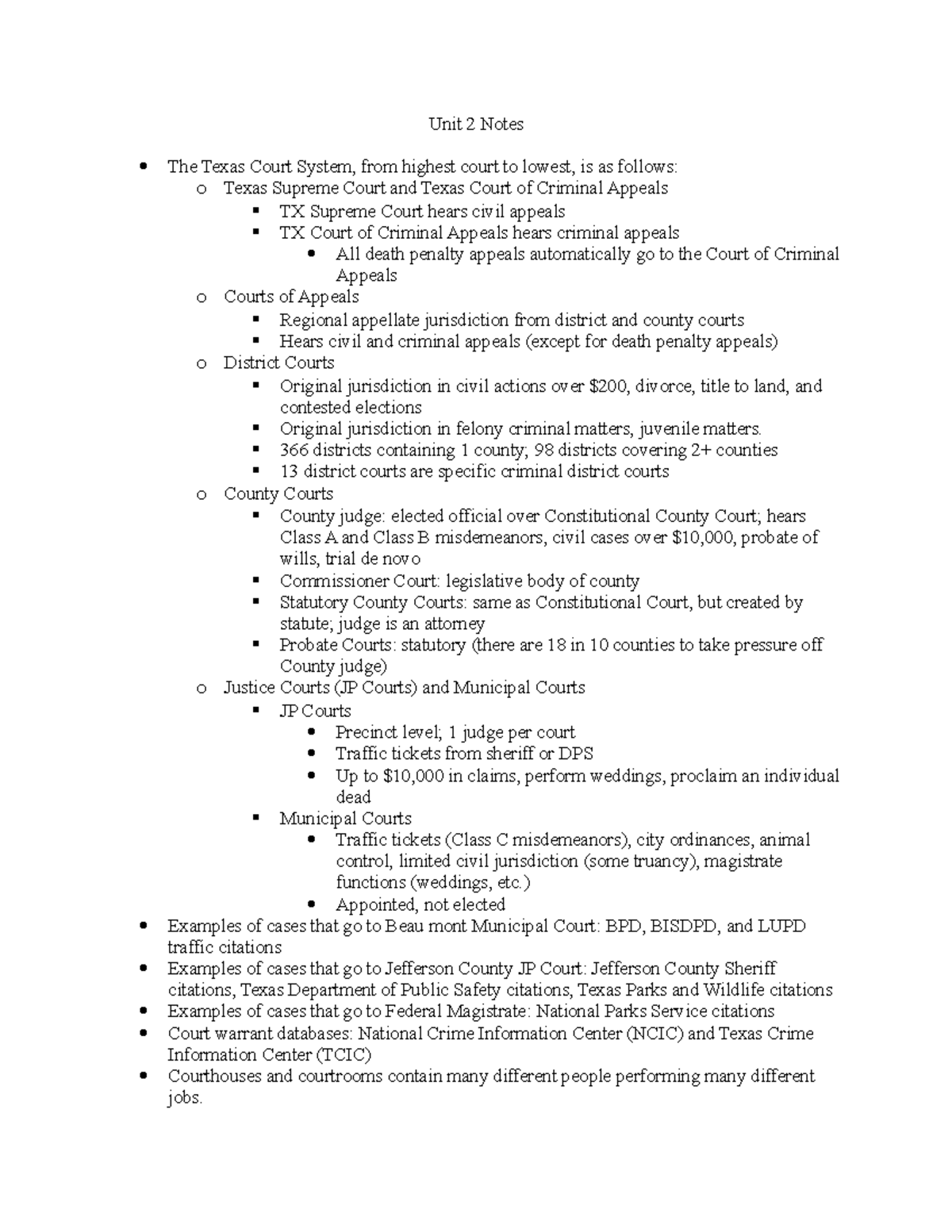 Unit 2 Notes - Unit 2 Notes The Texas Court System, from highest court ...