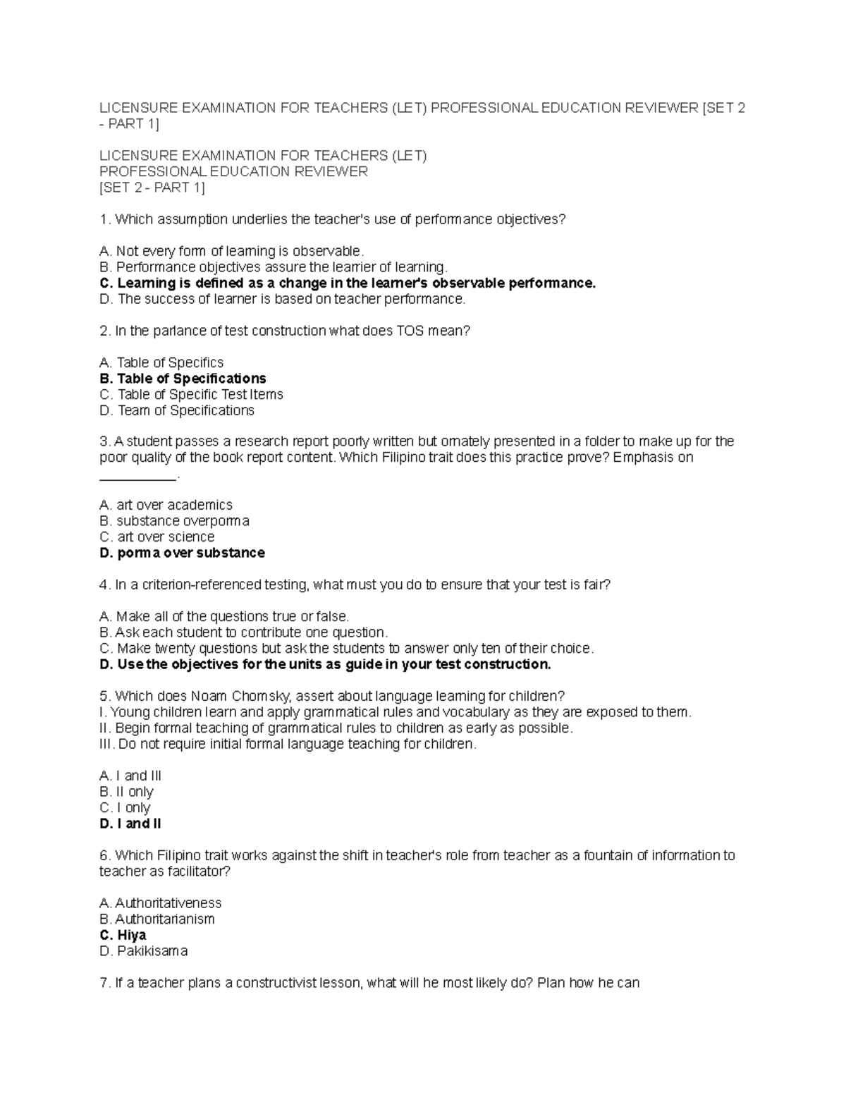 Prof Ed Set B 1 part jsshussn - LICENSURE EXAMINATION FOR TEACHERS (LET ...