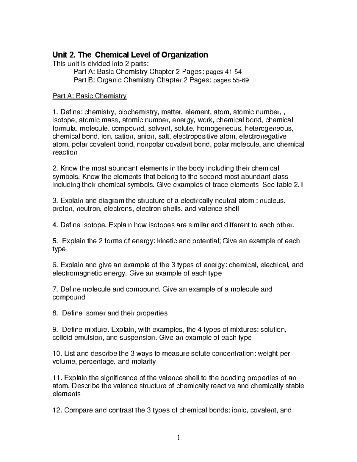 Unit 2 Study Guide - notes - 1 Unit 2. The Chemical Level of ...