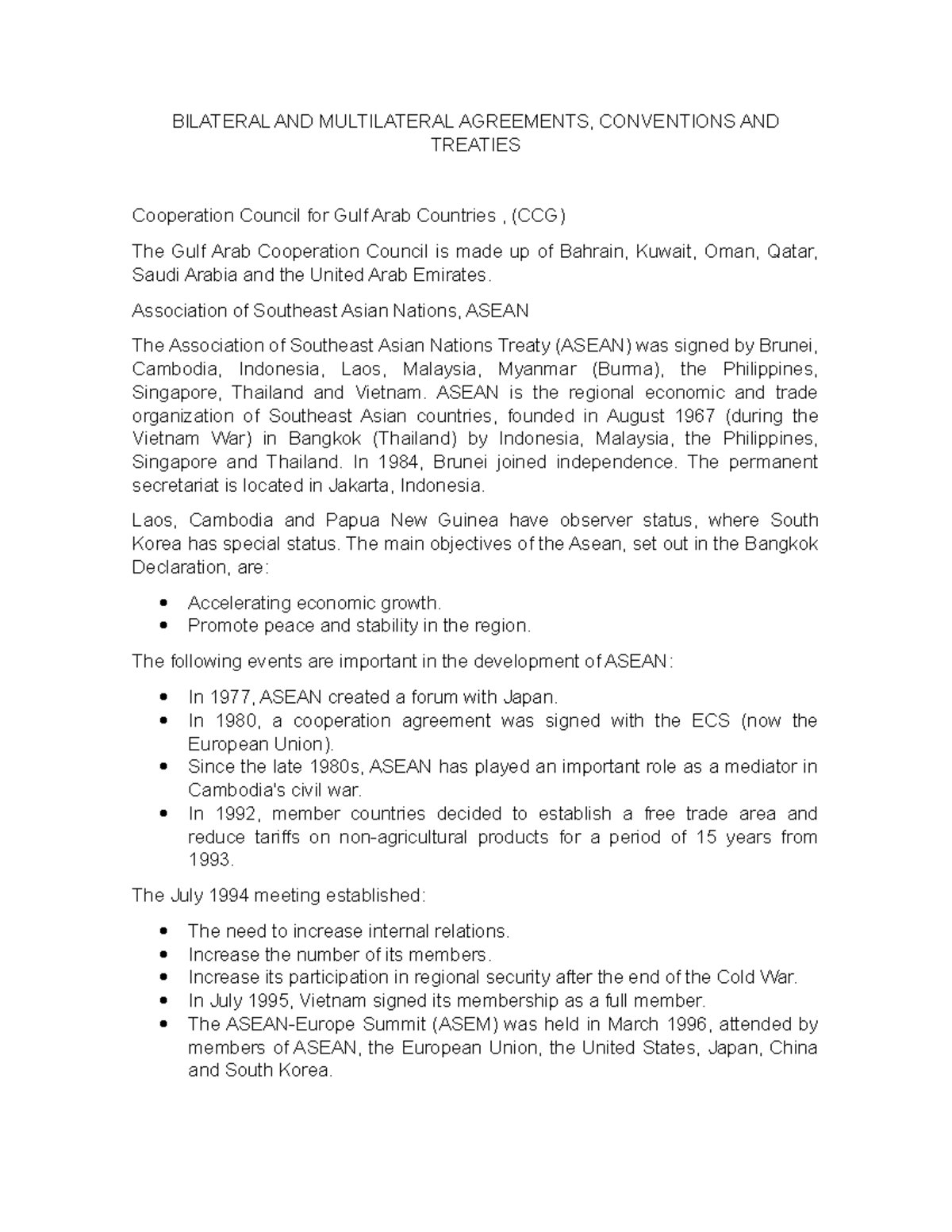 BILATERAL AND MULTILATERAL AGREEMENTS, CONVENTIONS AND TREATIES ...