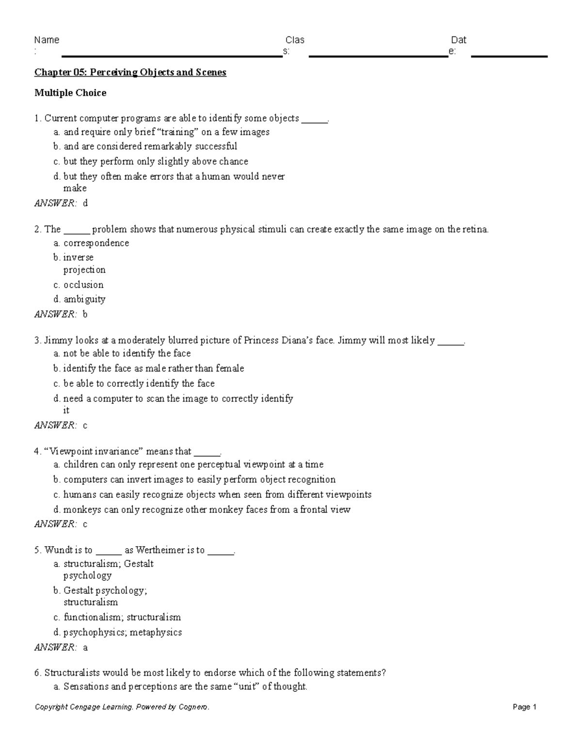 Chapter 5 Perceiving Objects and Scenes - Name : Clas s: Dat e: Chapter 05: Perceiving - Studocu
