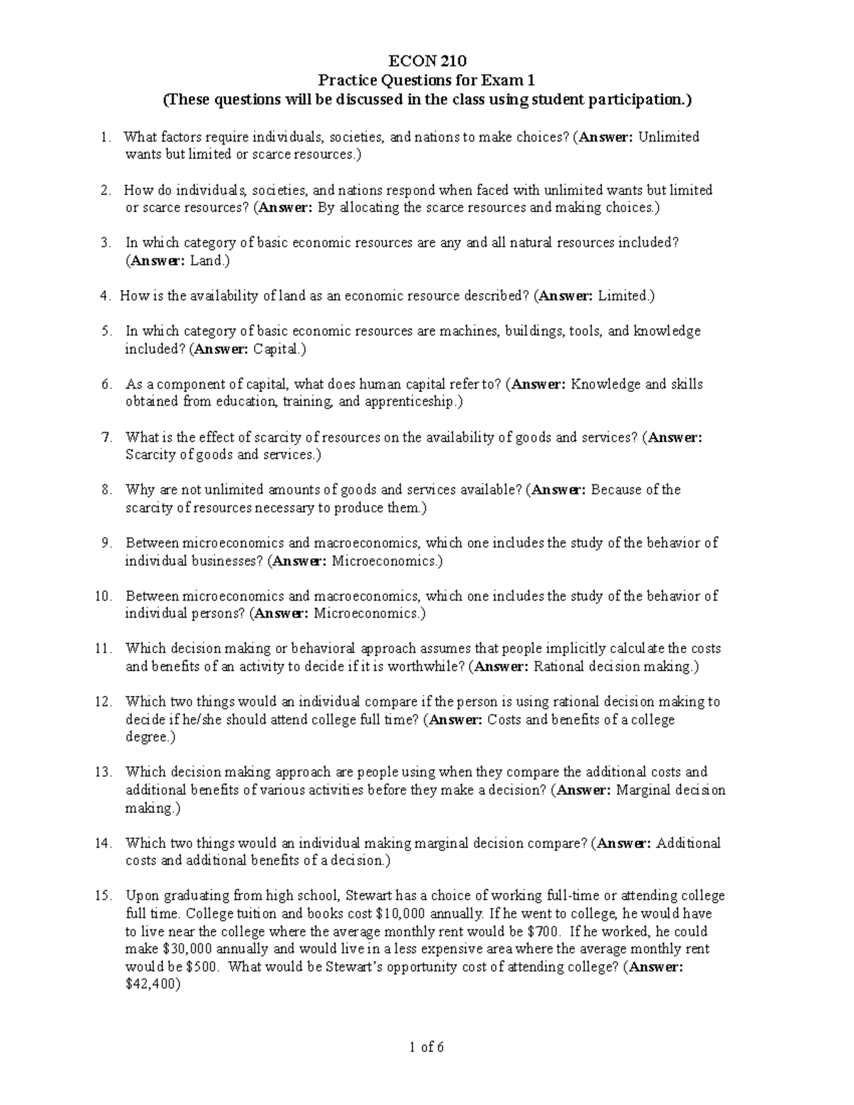 Exam 1 Practice Questions - ECON 210 Practice Questions for Exam 1 ...