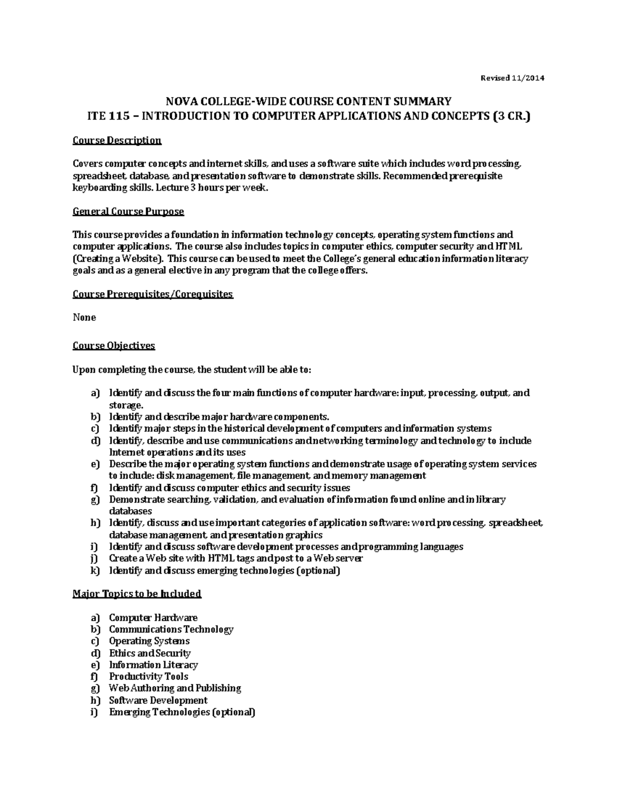 ITE115 - Lecture notes 1 - Revised 11 / NOVA COLLEGE-WIDE COURSE ...