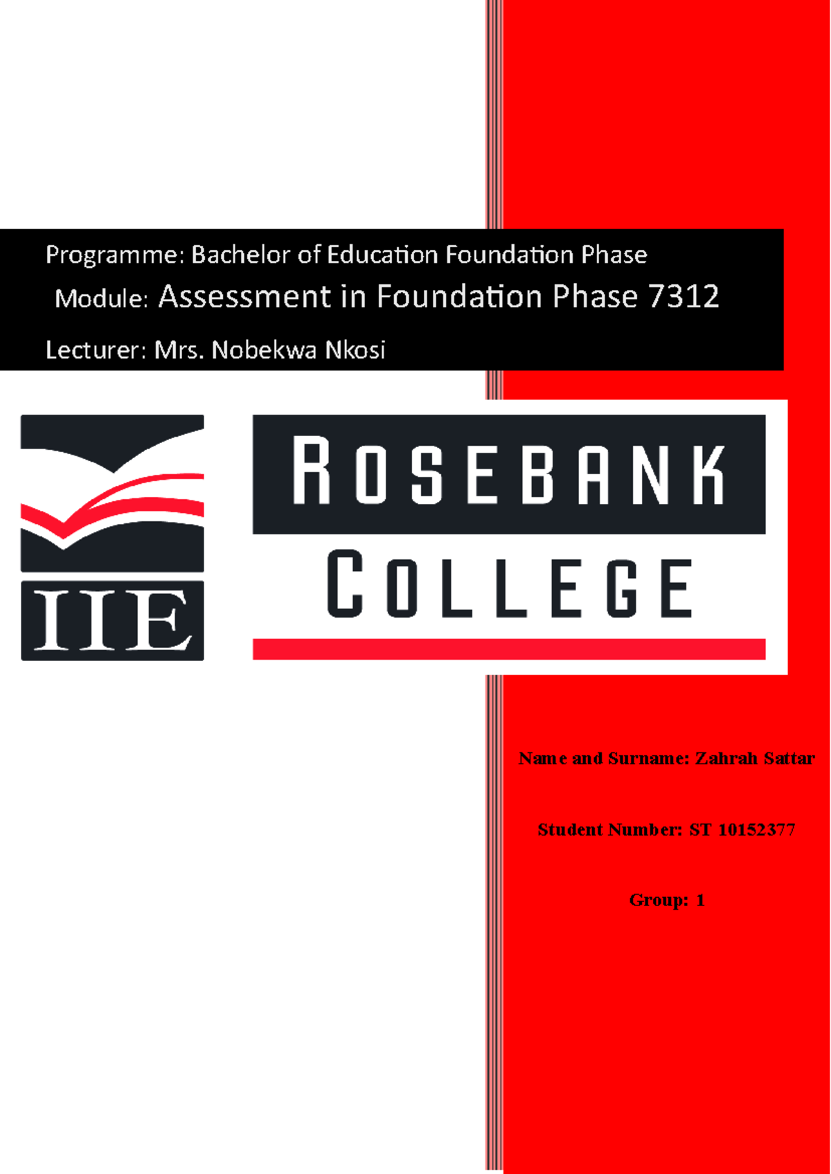 Zahrah Sattar ST 10152377 AFPC - Name and Surname: Zahrah Sattar ...