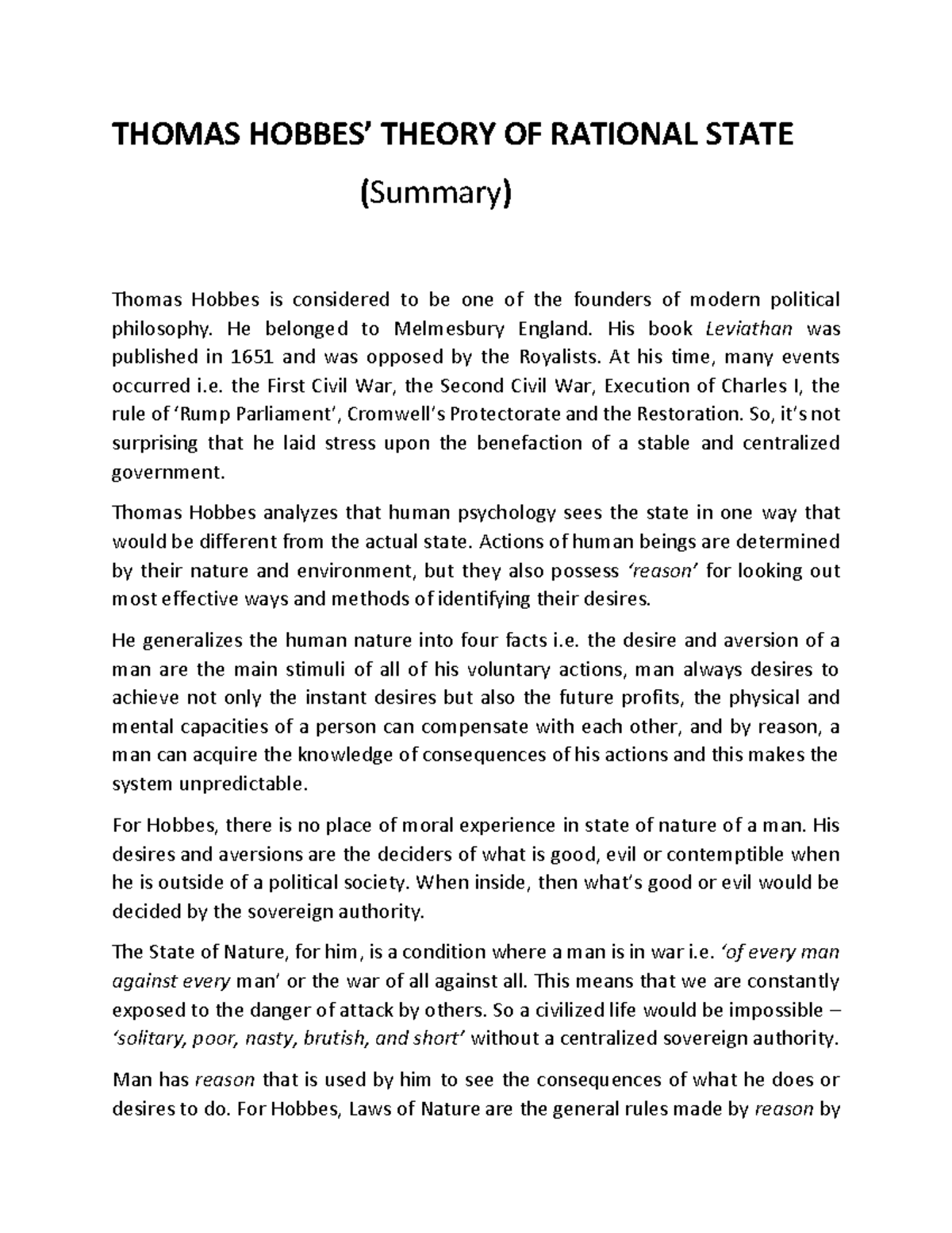 Hobbe's Theory of Rational State - THOMAS HOBBES’ THEORY OF RATIONAL ...