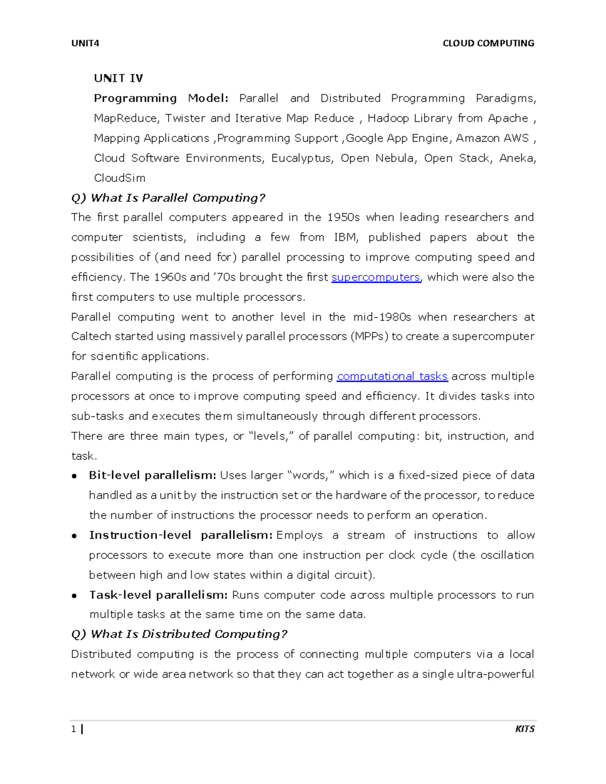 CC-Unit 4 - Prepare for exams - UNIT IV Programming Model: Parallel and Distributed Programming ...