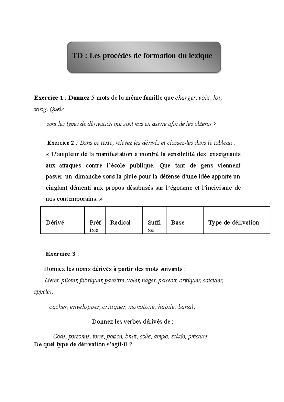 TD - Les procédés de formation du lexique - Exercice 1 : Donnez 5 mots ...