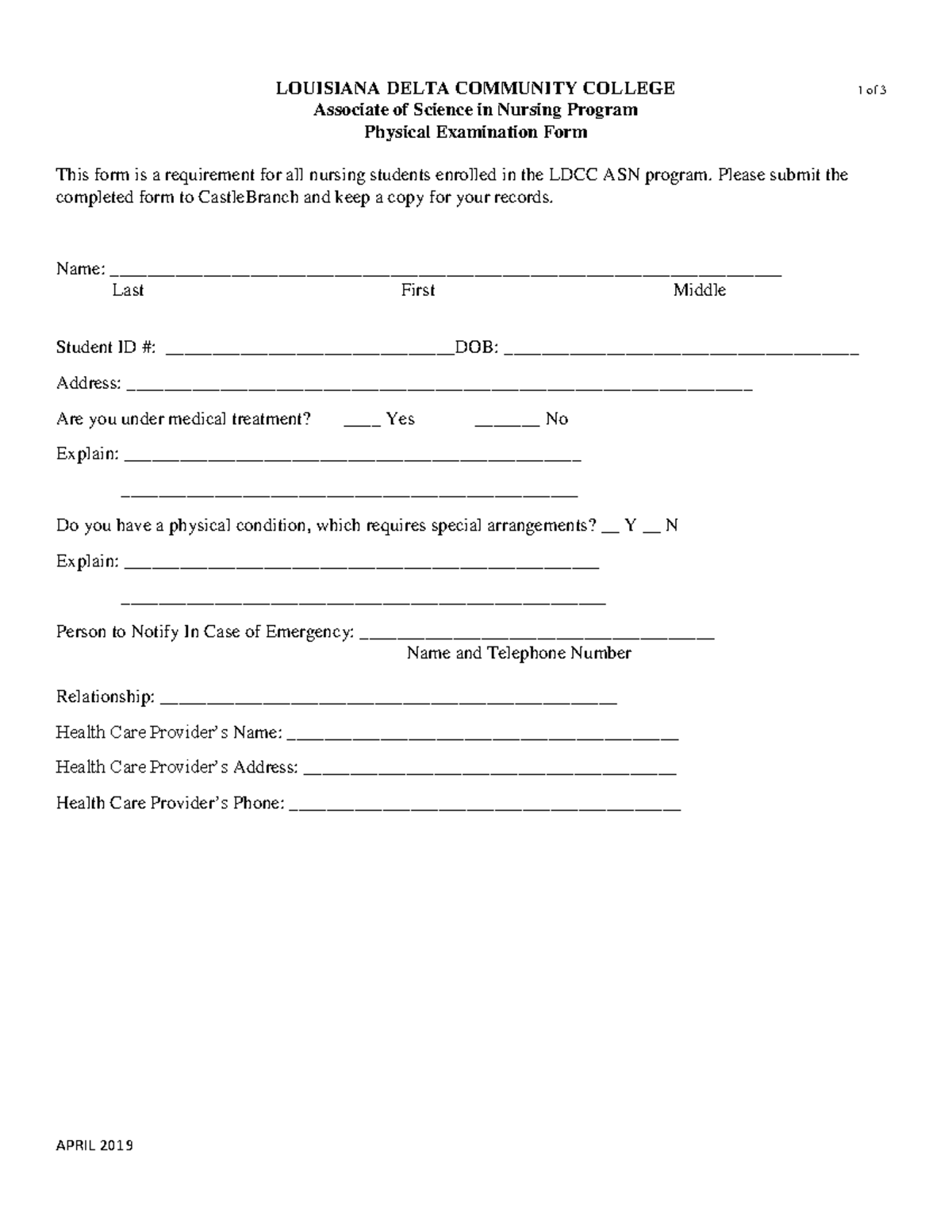 Physical Form, updated NOV 2019 - APRIL 2019 LOUISIANA DELTA COMMUNITY ...