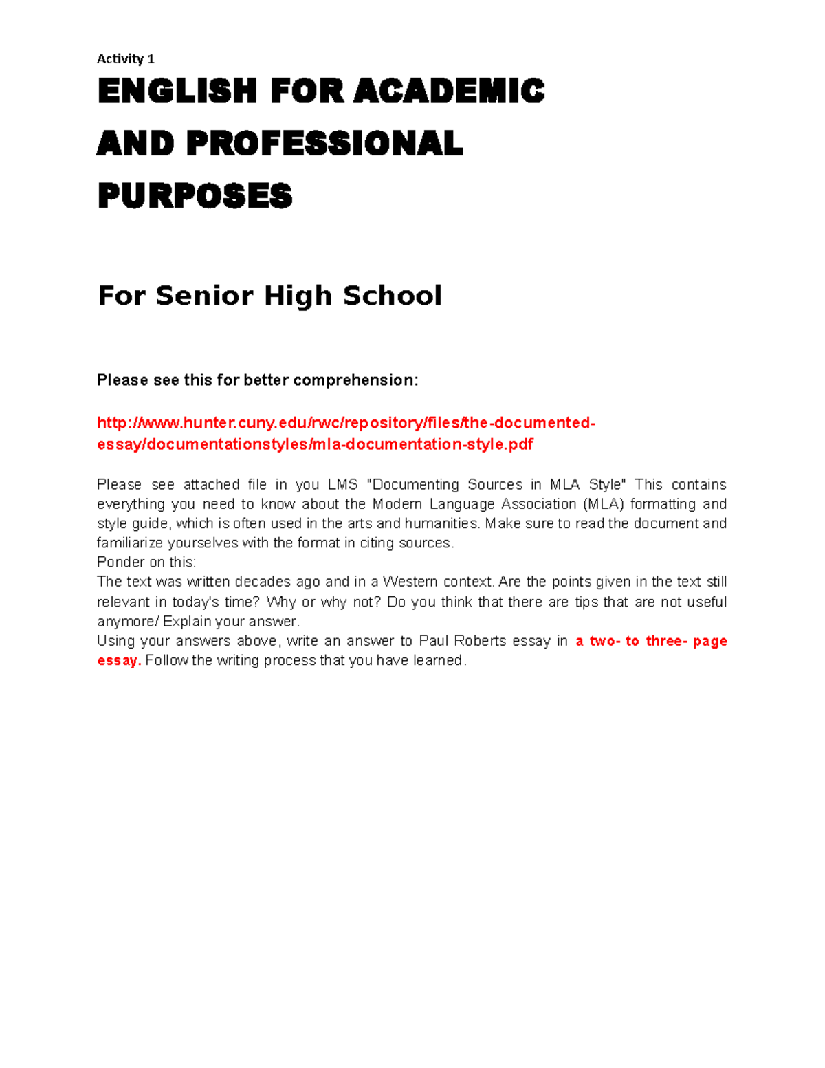 Activity 10 - Lecture notes 1-7 - Activity 1 ENGLISH FOR ACADEMIC AND ...