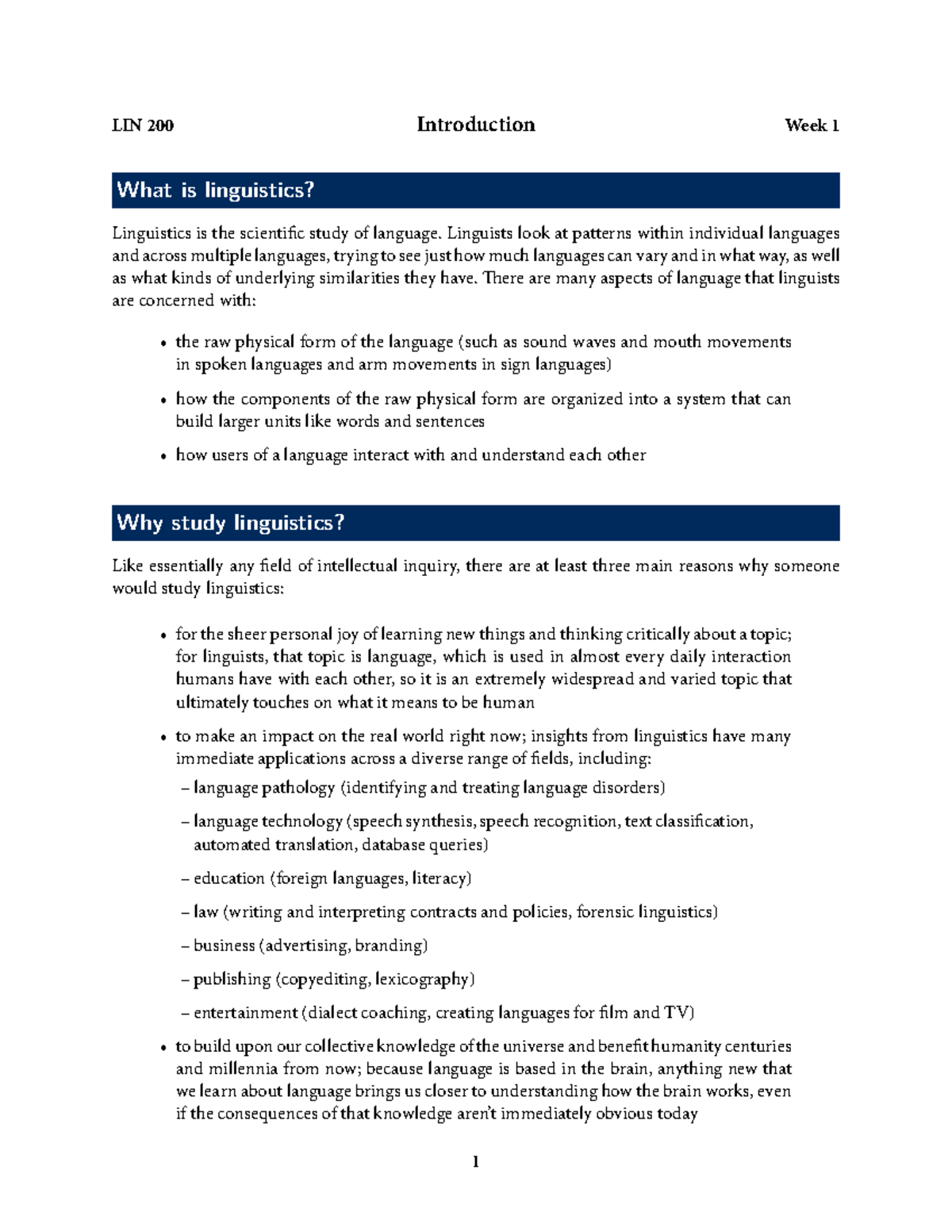 Week1-intro - Lecture notes 1 - LIN 200 Introduction Week 1 What is ...