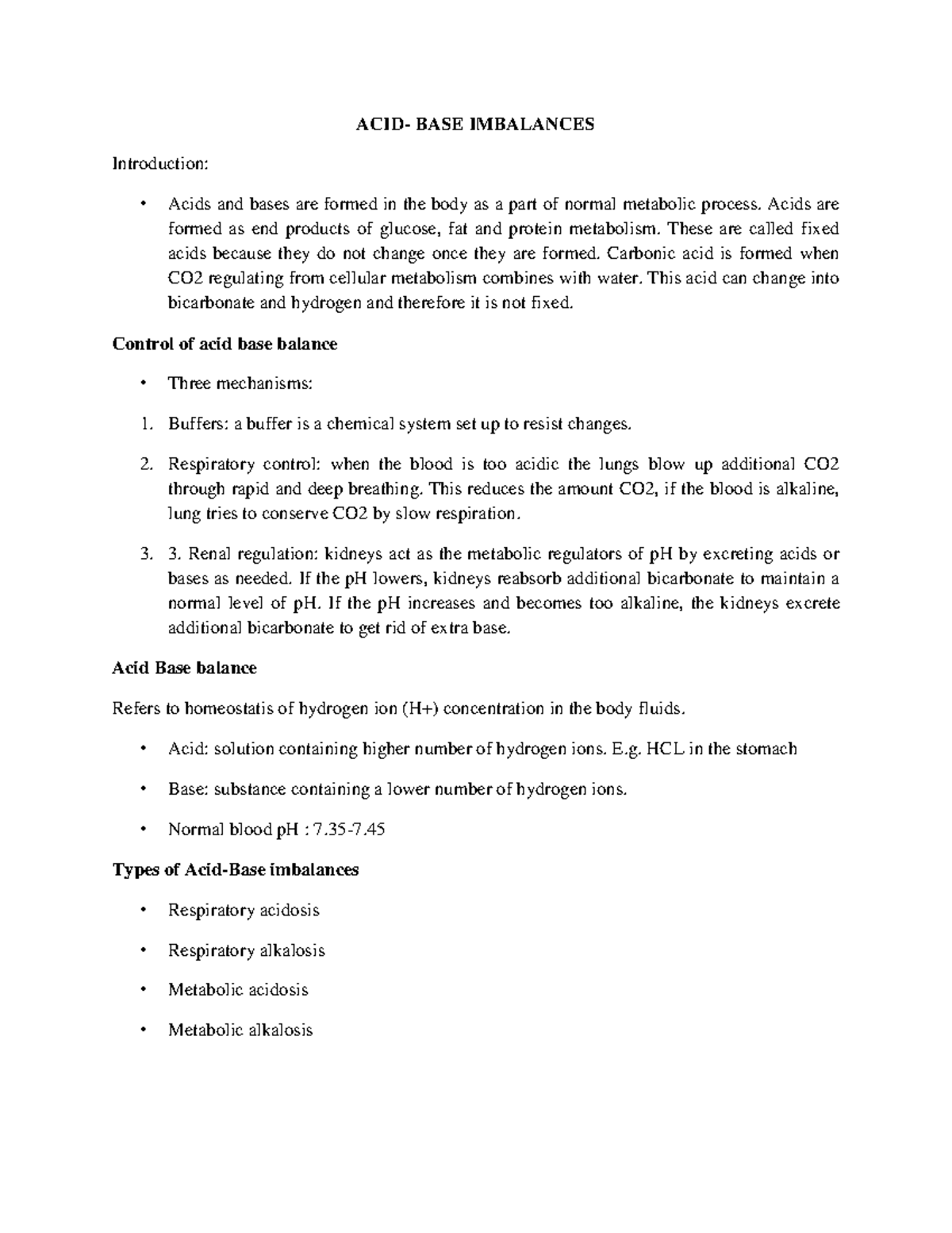 ACID BASE Imbalances - ACID- BASE IMBALANCES Introduction: Acids and ...