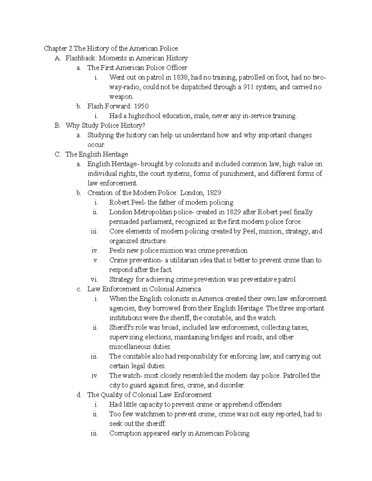 CJ 204 Chapter 2 Outline - Chapter 2 The History of the American Police ...