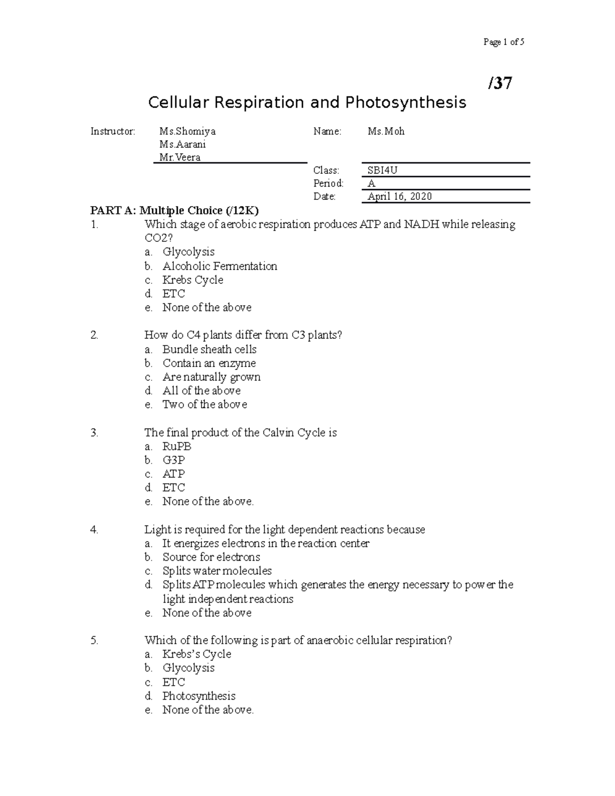 Unit 2 Test Practice - Page 1 of 5 Cellular Respiration and ...