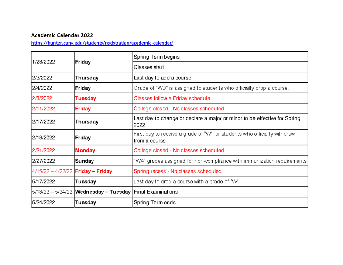 Calendar for 2021 - Academic Calendar 2022 hunter.cuny/students ...