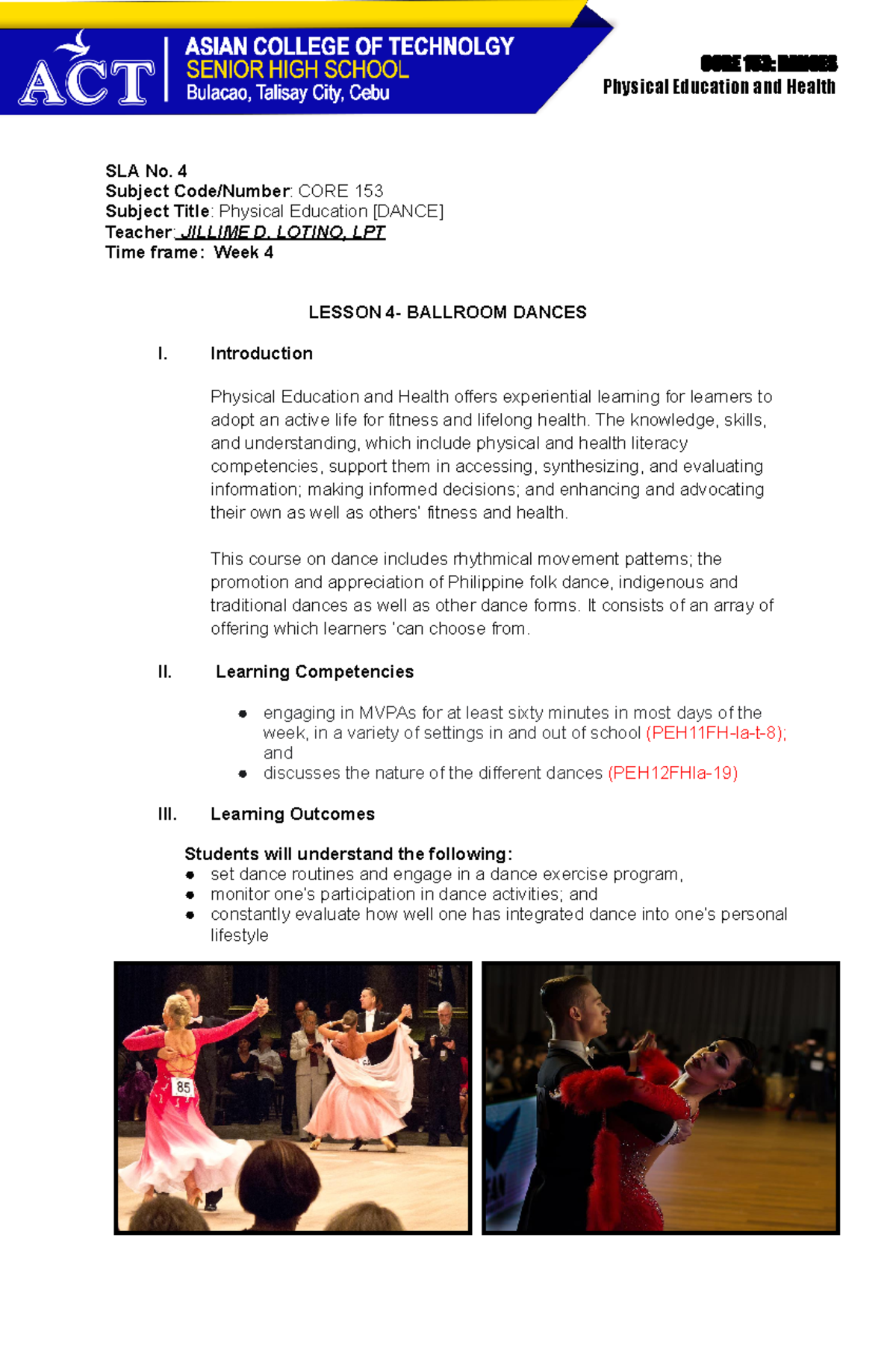 Week4 CORE 153 SLG PE AND Health 2022 2023 - Physical Education and Health SLA No. 4 Subject ...