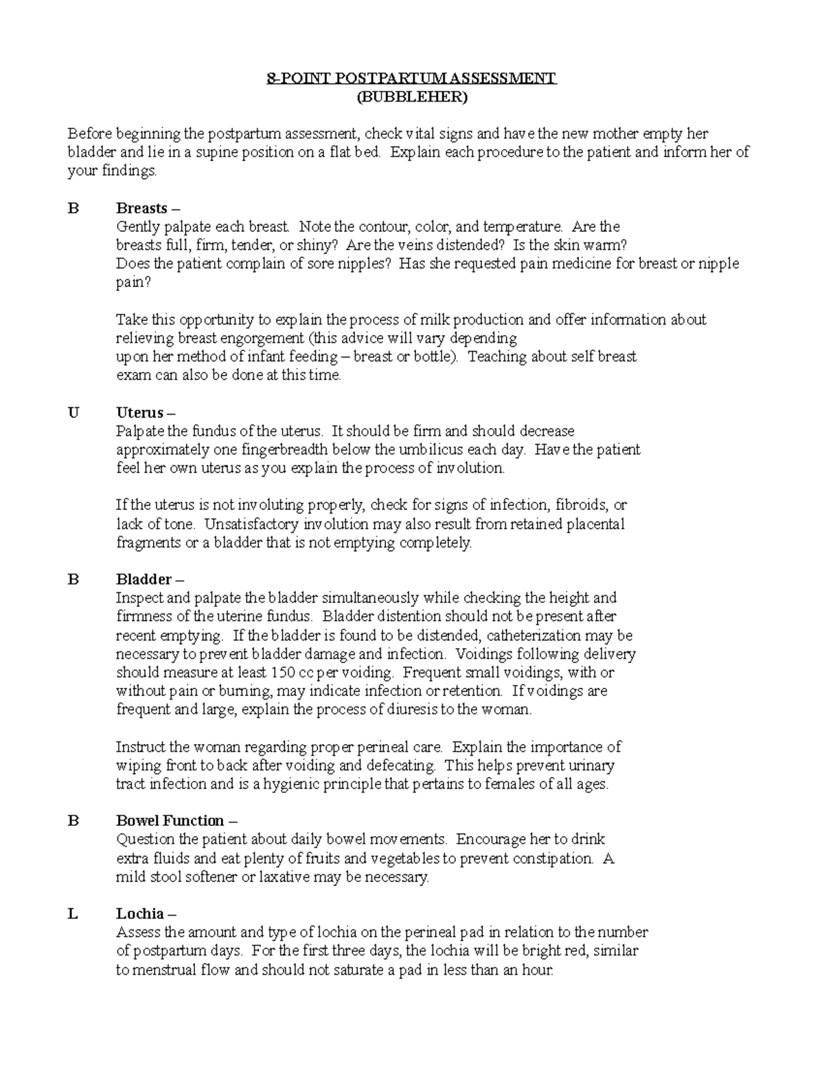 Bubbleher - 8-POINT POSTPARTUM ASSESSMENT (BUBBLEHER) Before beginning ...