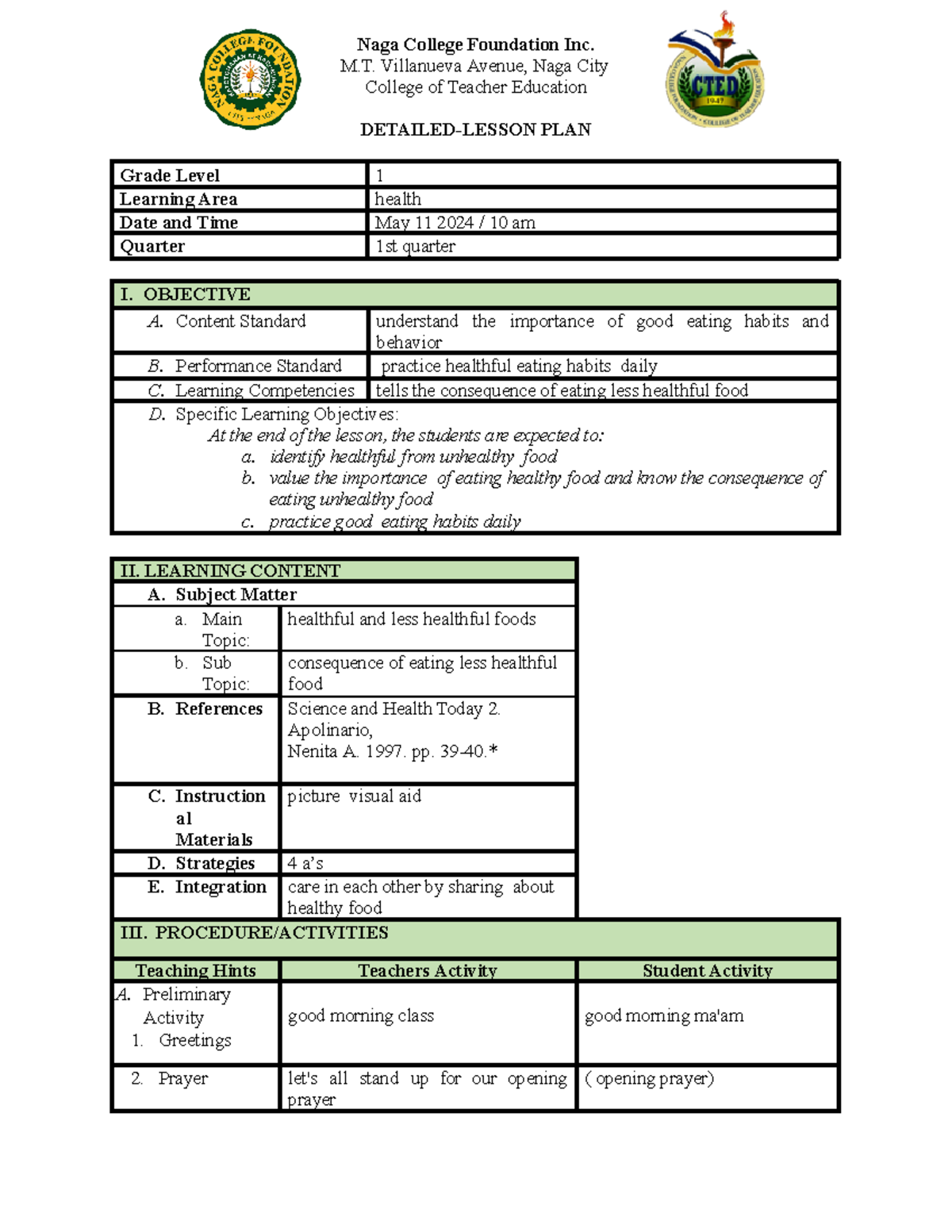 Lesson plan in p - Naga College Foundation Inc. M. Villanueva Avenue ...