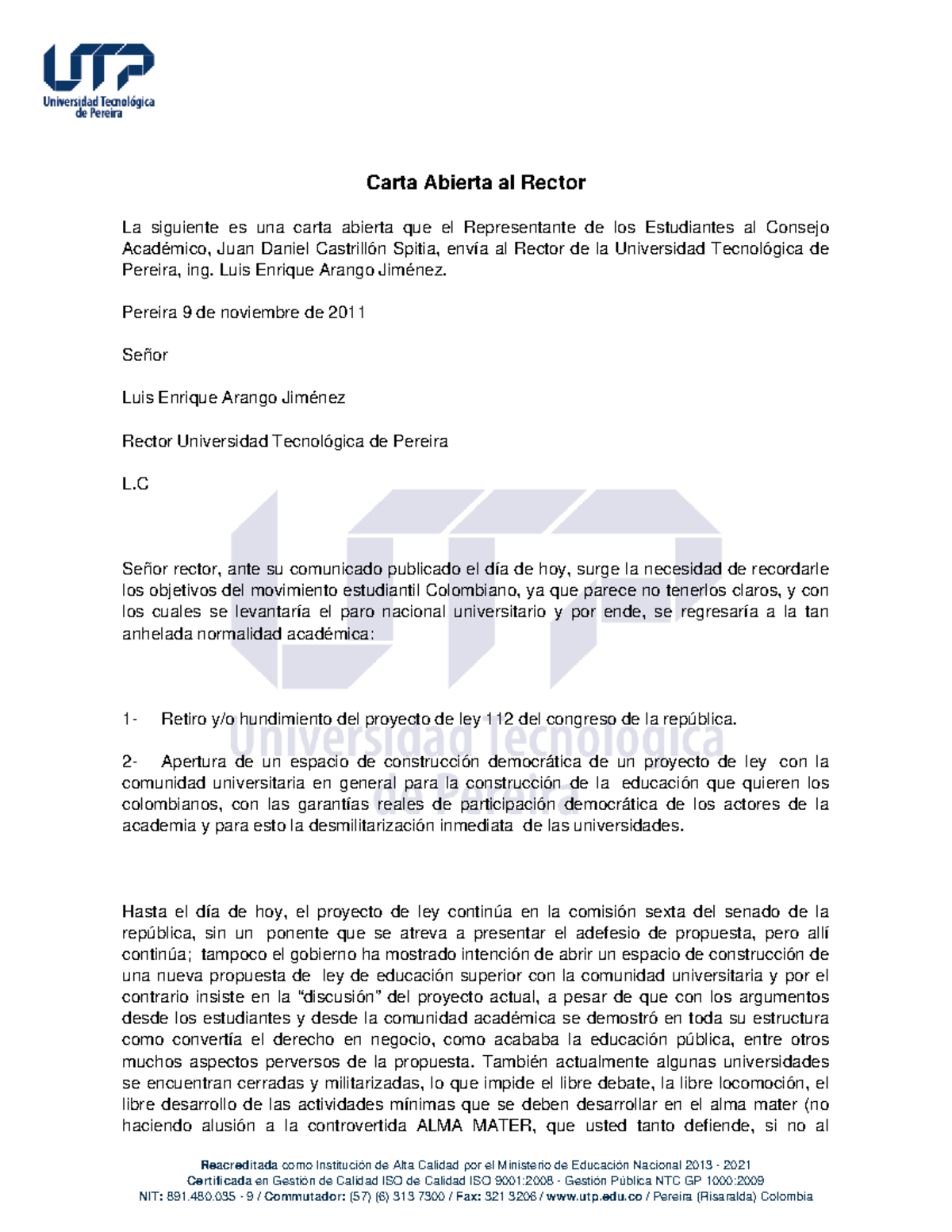 Carta Abierta al Rector - Luis Enrique Arango Jiménez. Pereira 9 de ...