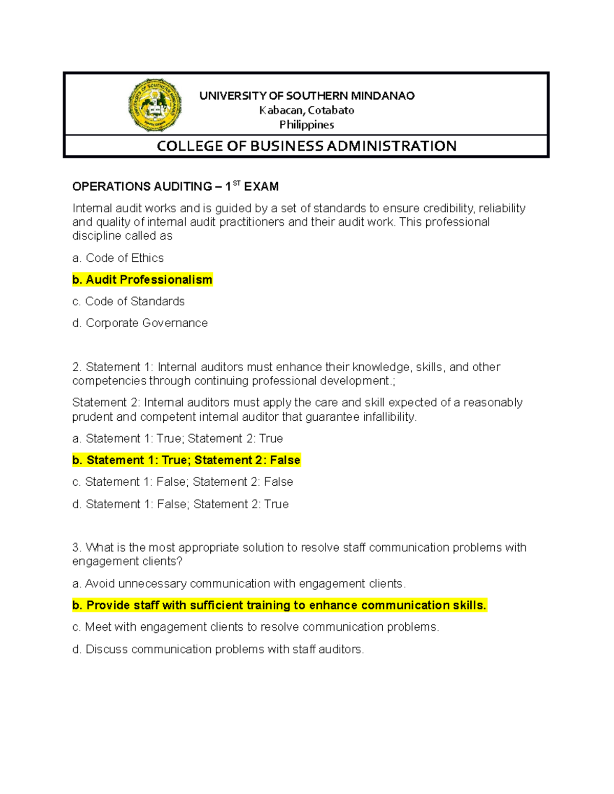 Operations Auditing - 1 ST EXAM - UNIVERSITY OF SOUTHERN MINDANAO ...