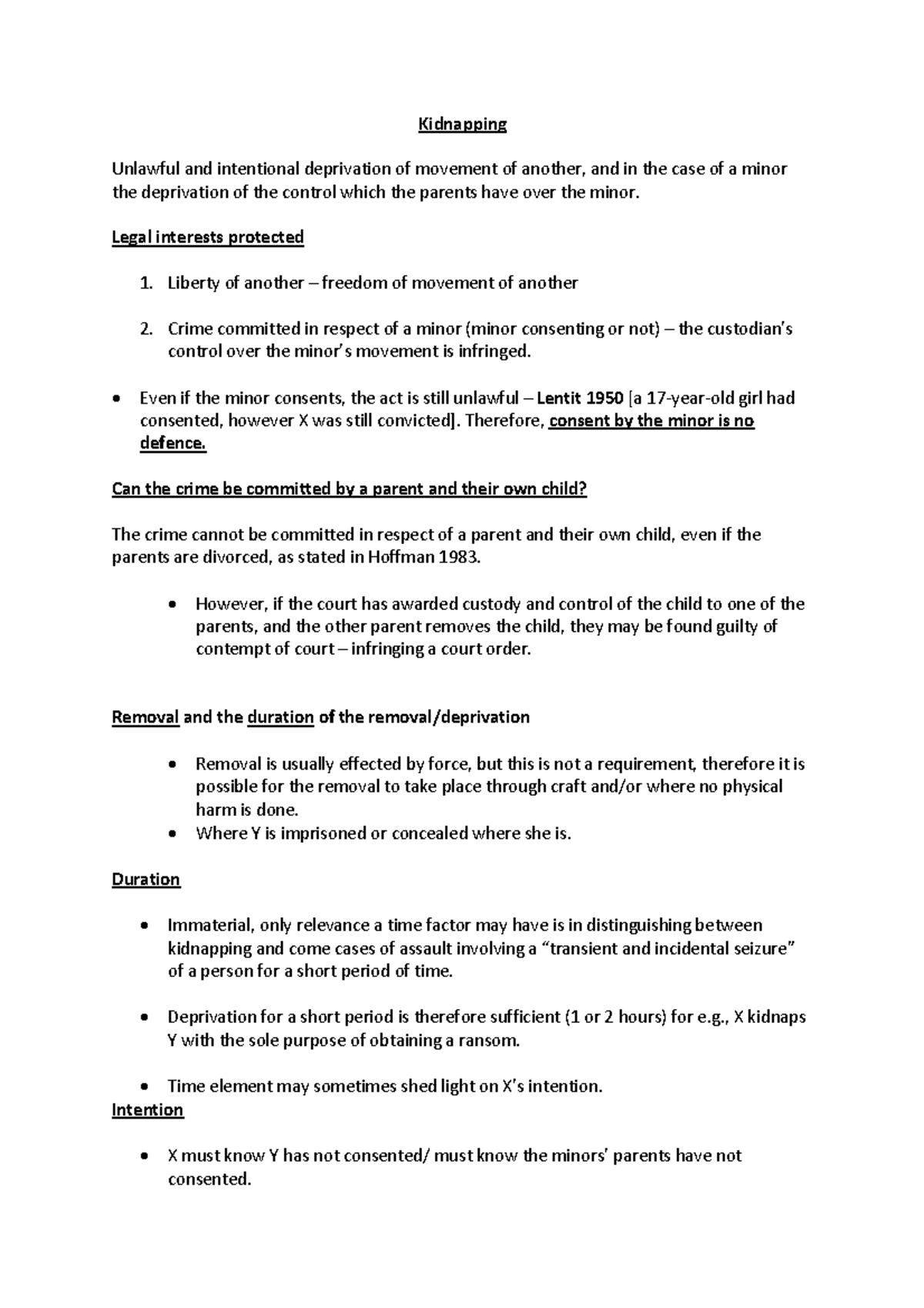 Kidnapping: Abduction notes - Kidnapping Unlawf ul and intentional ...