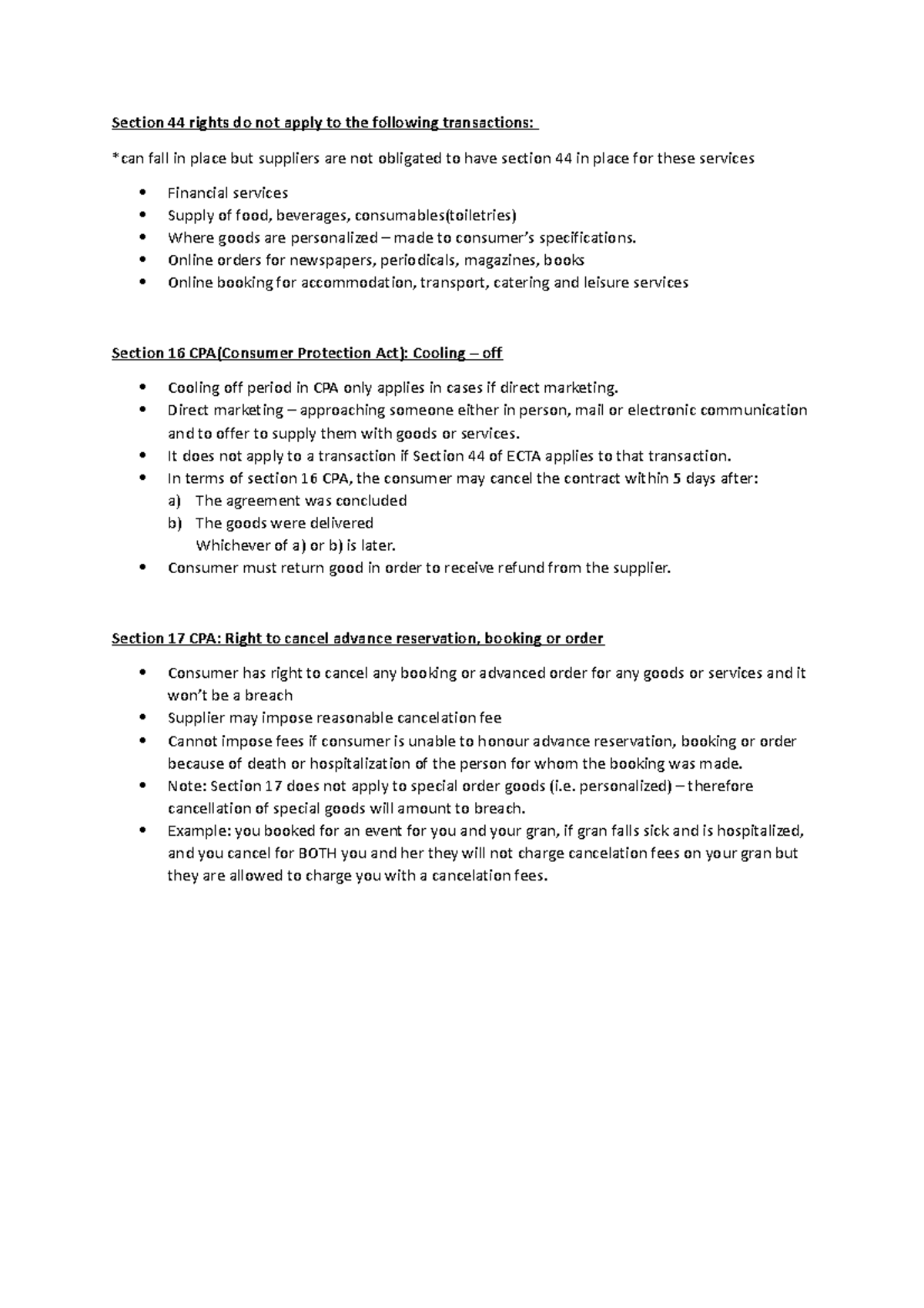 Law Section 44, 16 and 17 - Section 44 rights do not apply to the ...