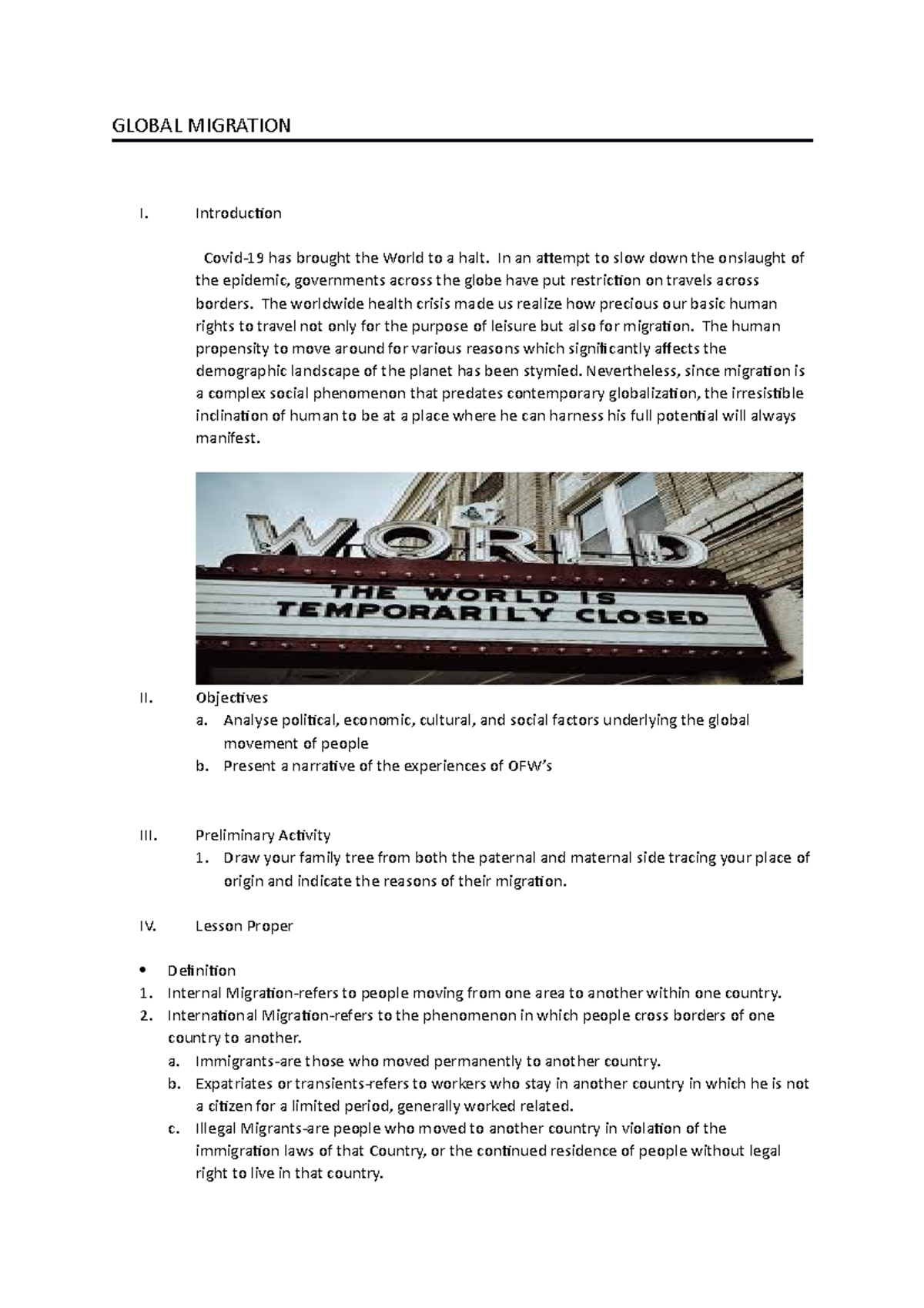 Global Migration - GLOBAL MIGRATION I. Introduction Covid-19 has ...