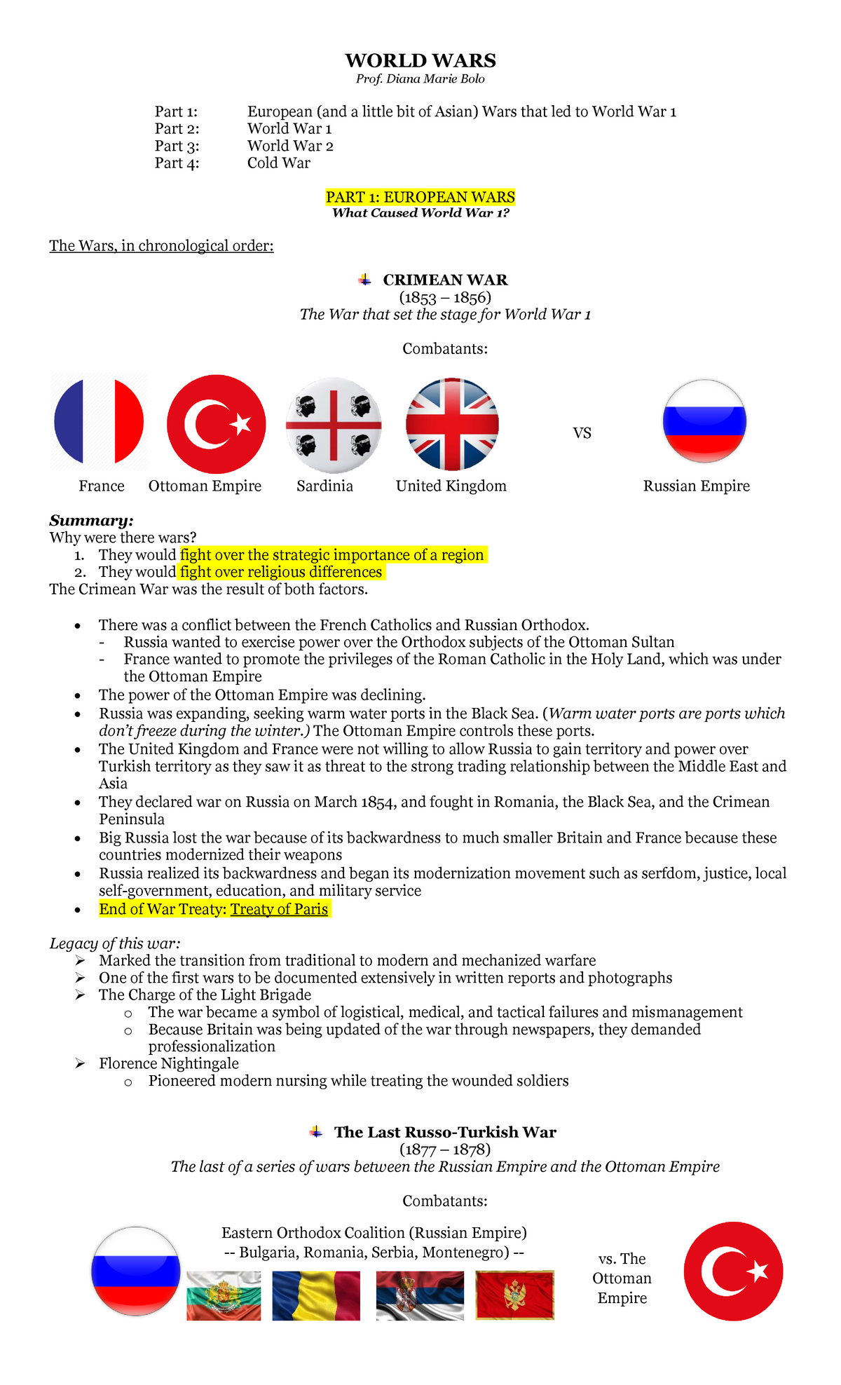 Summary - World Wars (part 1) - WORLD WARS Prof. Diana Marie Bolo Part ...